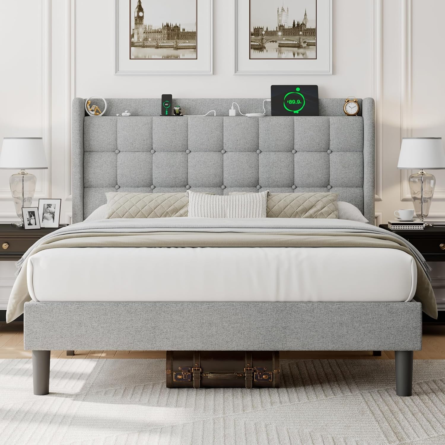 Full Size Upholstered Platform Bed Button Tufted Wingback Bed Frame ...