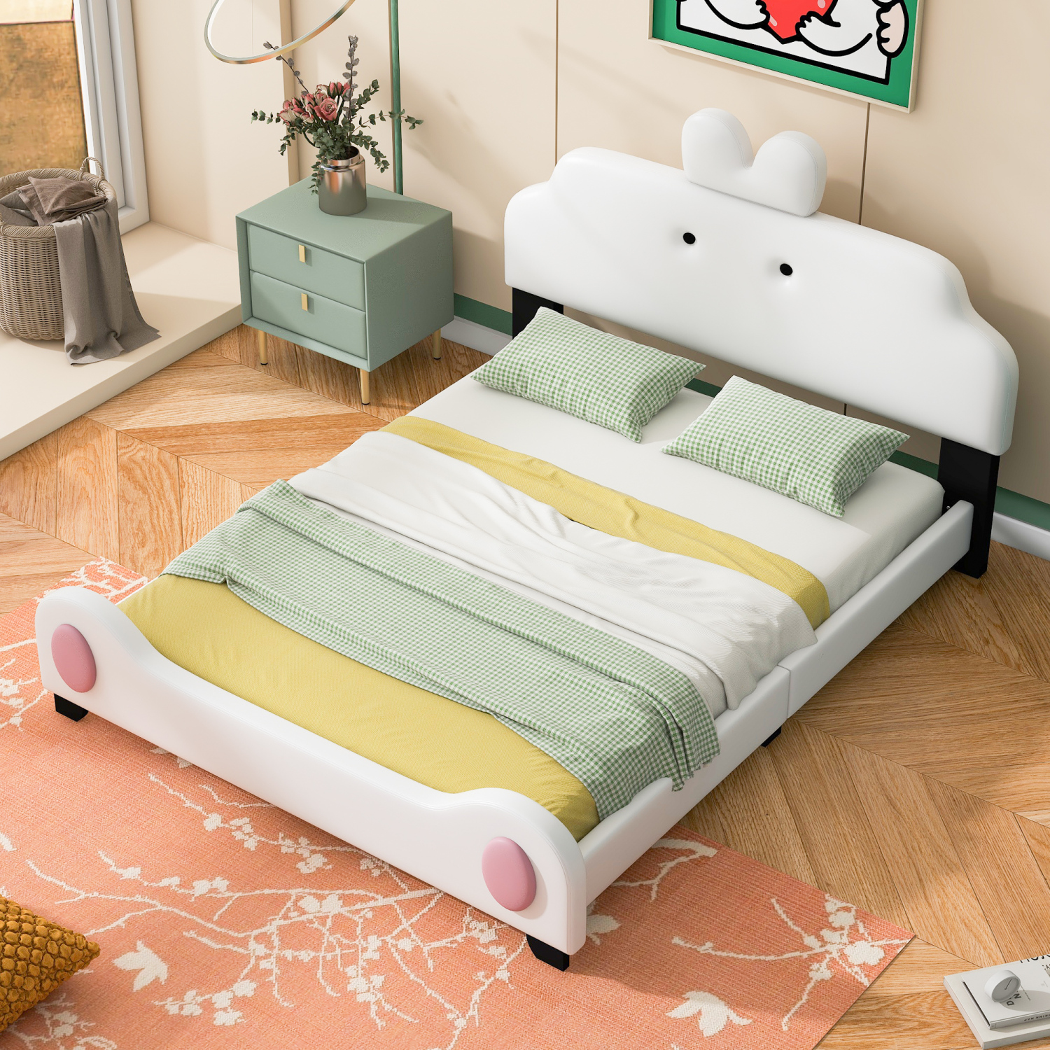 Full Size Upholstered Platform Bed with Cartoon Headboard and Footboard ...