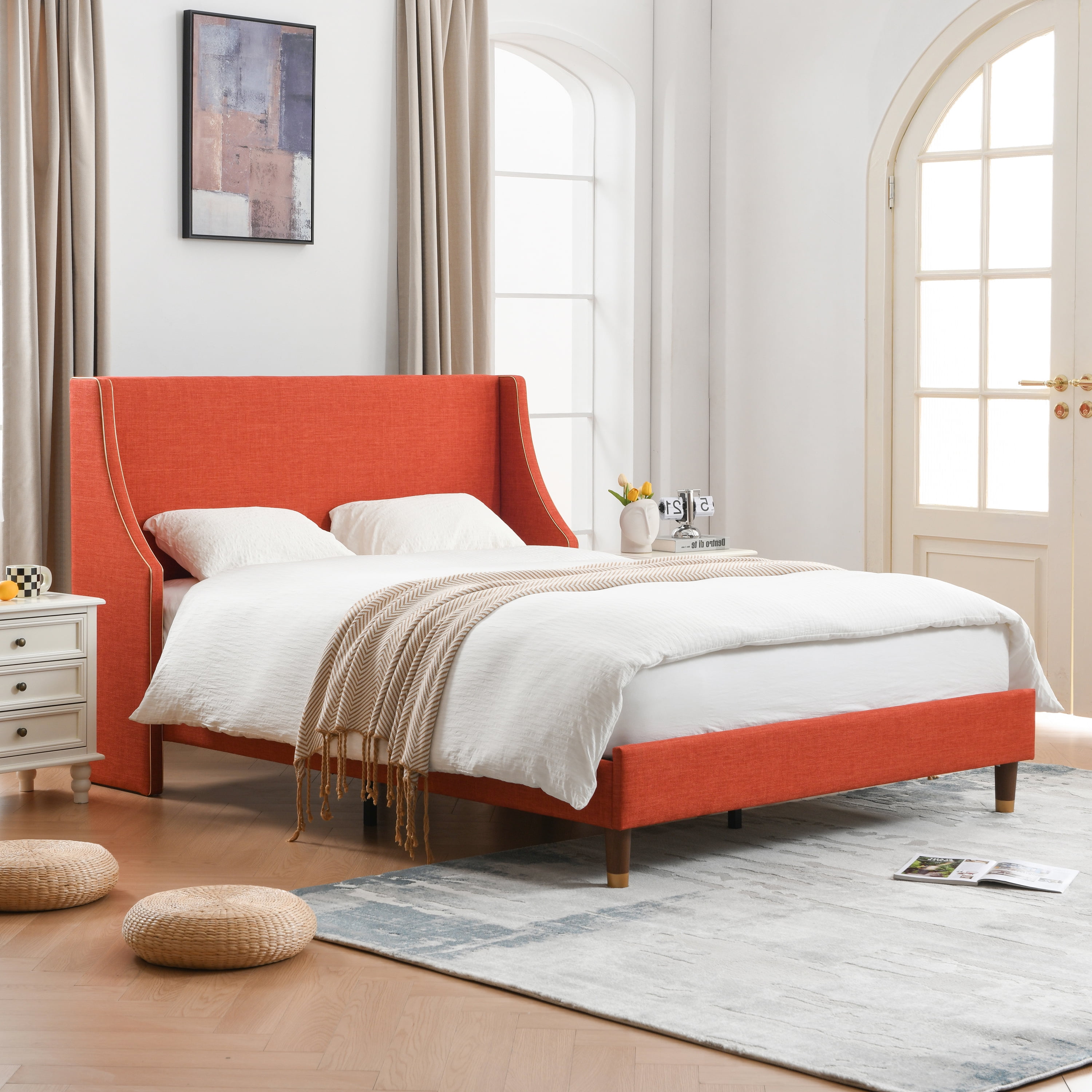 Full Size Upholstered Platform Bed Frame, 15.16" Gold Edge Wingback Headboard, Linen Fabric ...