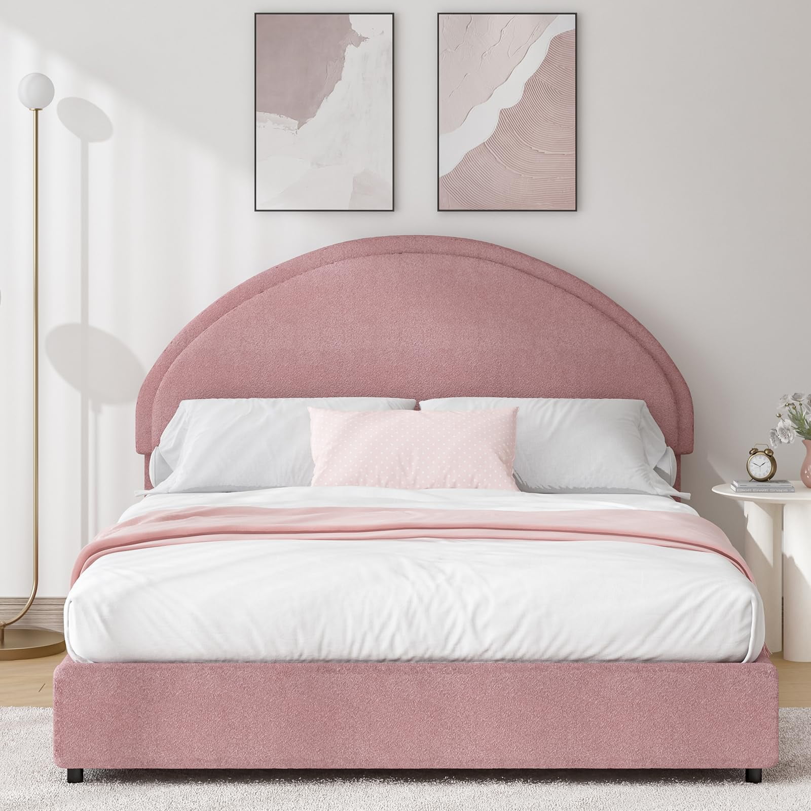 Full Size Upholstered Platform Bed Frame with Round Corner Headboard ...