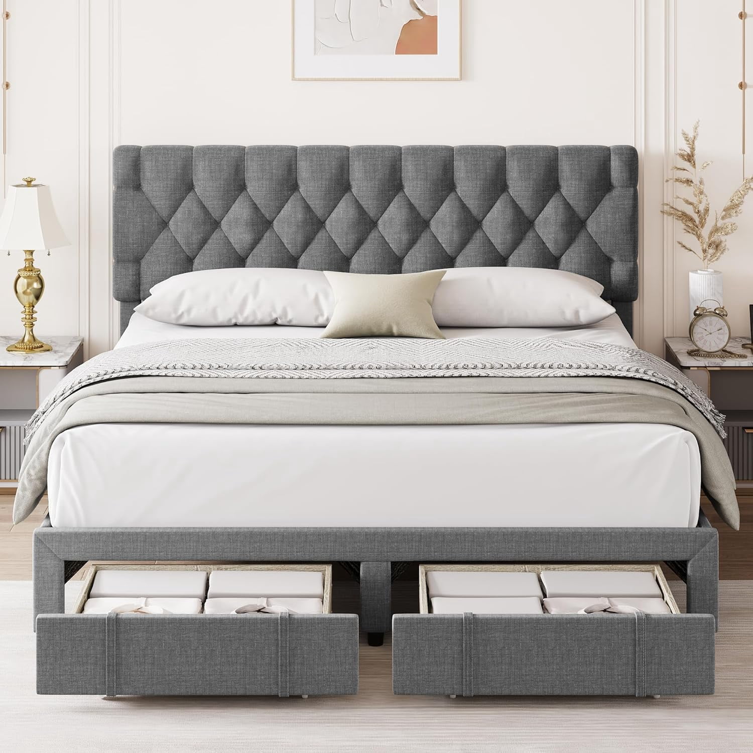 Full Size Upholstered Platform Bed Frame with Storage Drawers Mattress ...