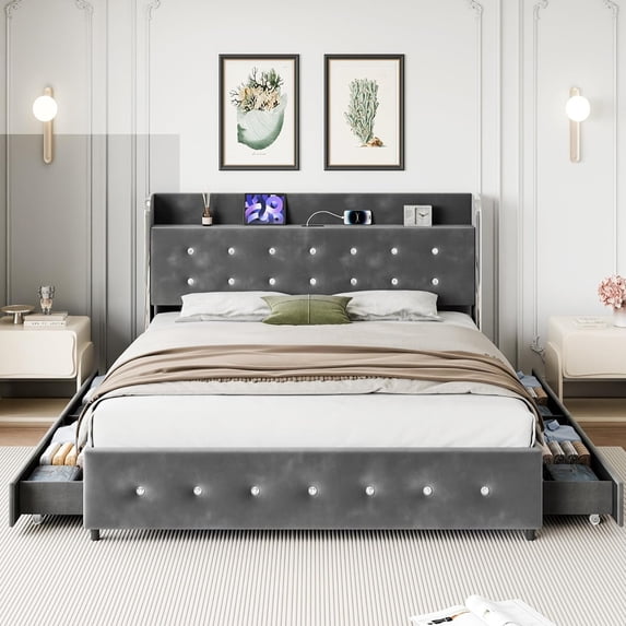 Full Size Upholstered Platform Bed Frame with Trundle – 4 Storage ...