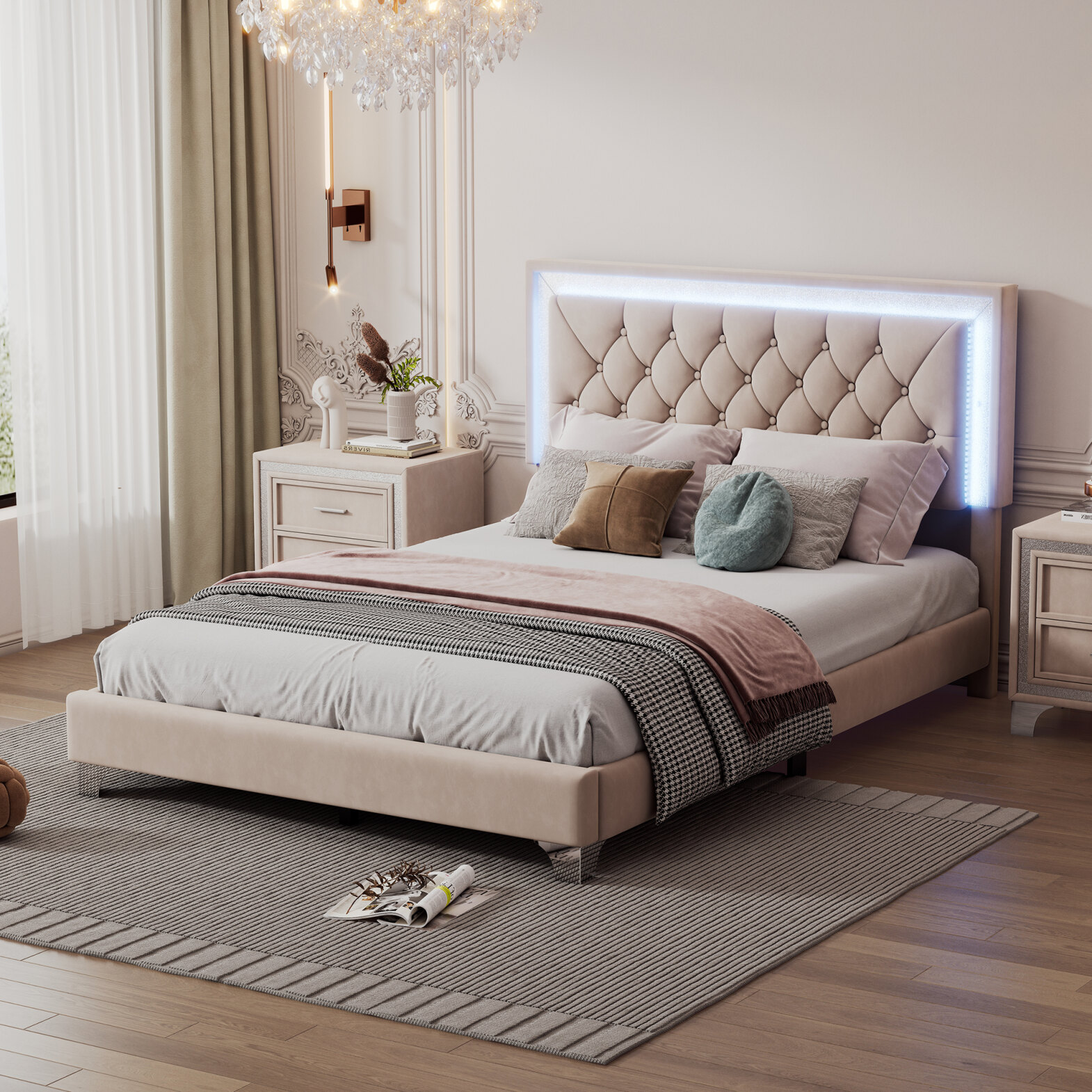 Full Size Upholstered Platform Bed with LED Lights, Modern Velvet ...