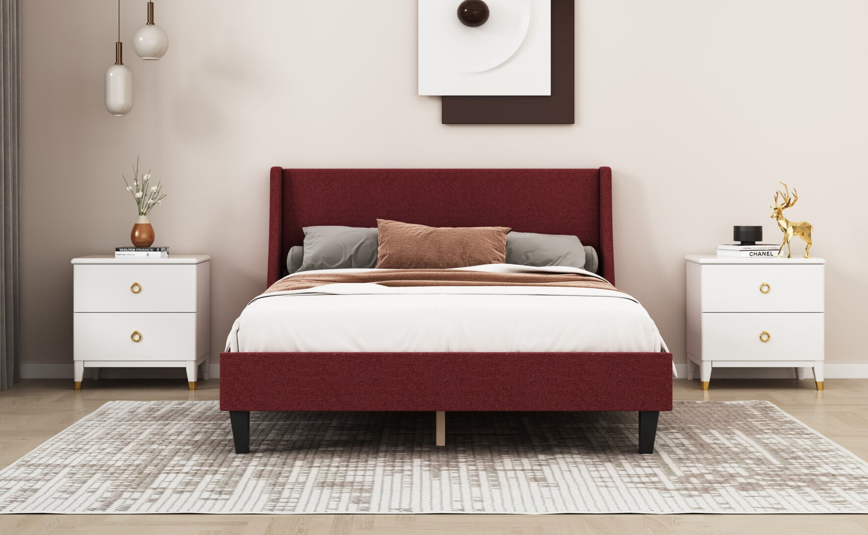 Full Size Upholstered Platform Bed, Linen Fabric Platform Bed Frame ...