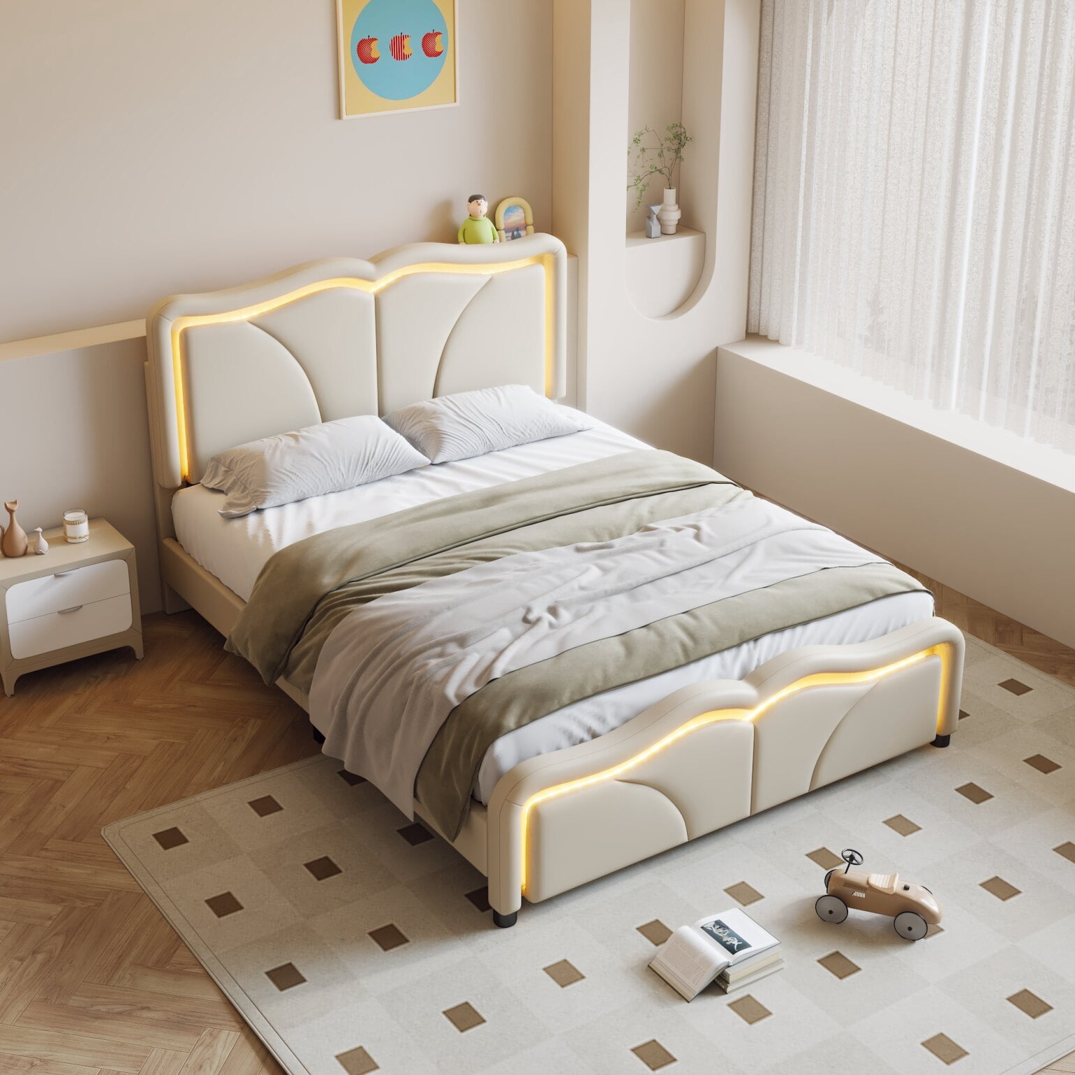 Full Size Upholstered Platform Bed, Full Size PU Platform Bed Frame ...