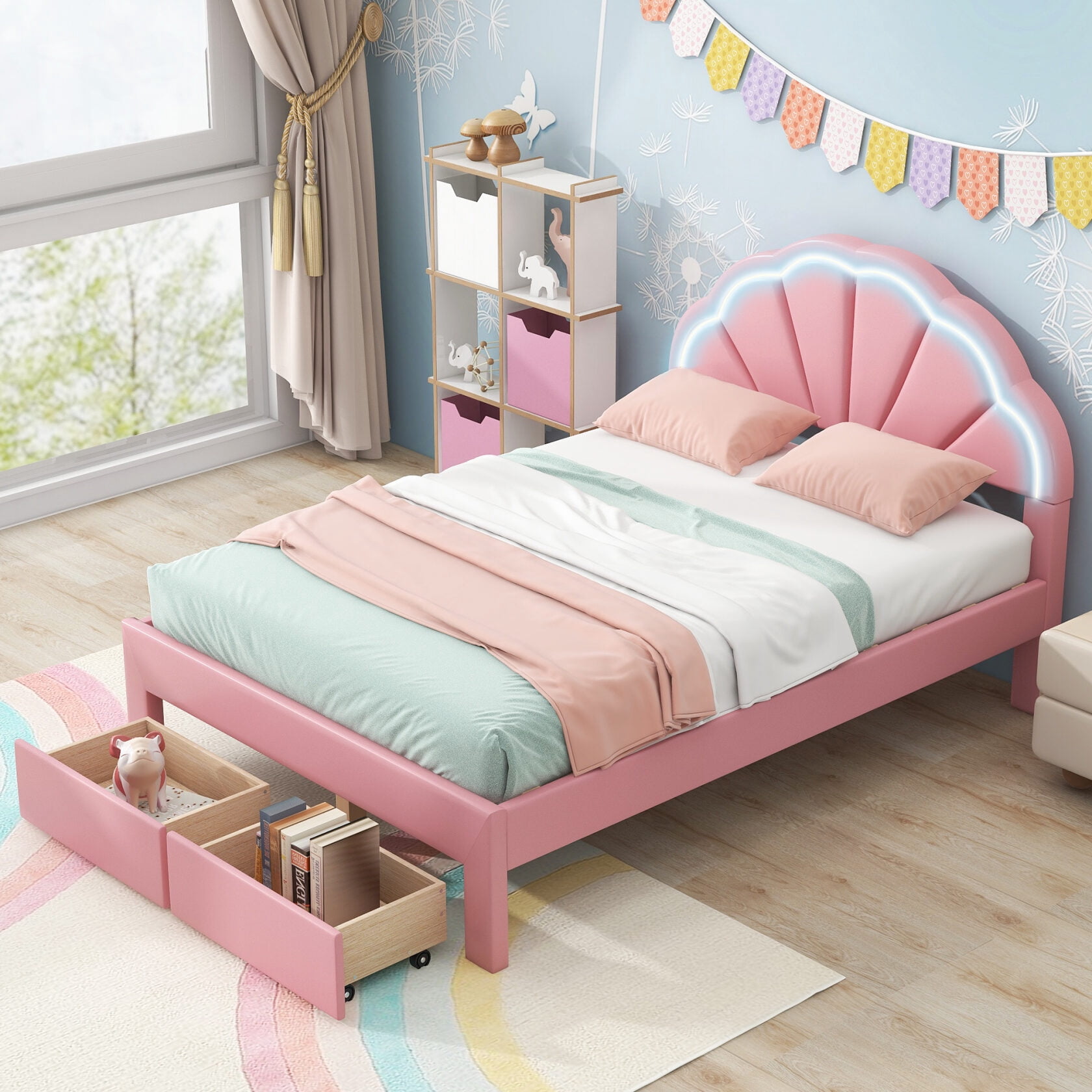 Full Size Upholstered Platform Bed with Seashell Shaped Headboard ...