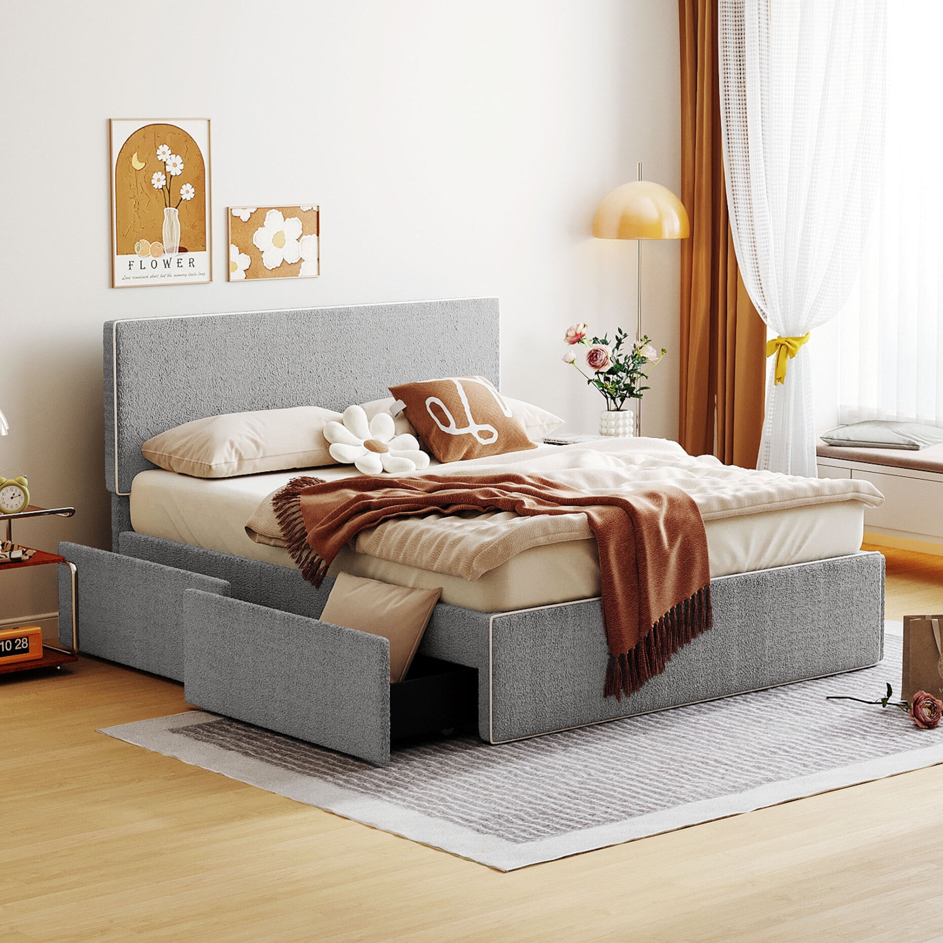 Full Size Upholstered Platform Bed, Simple Bed Frame with 4 Drawers and ...