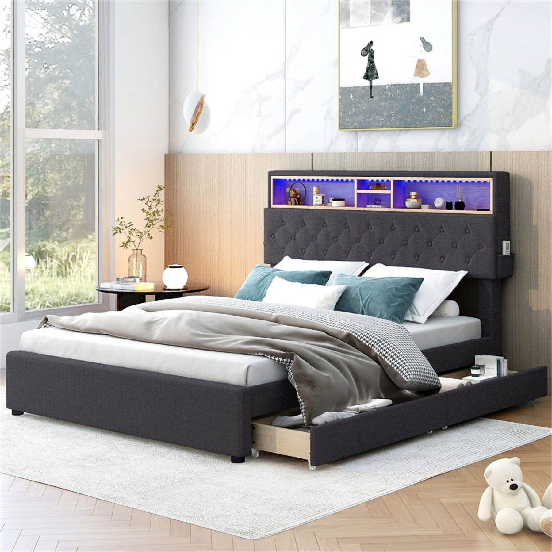 Full Size Upholstered Platform Bed with Storage Headboard, LED, USB ...