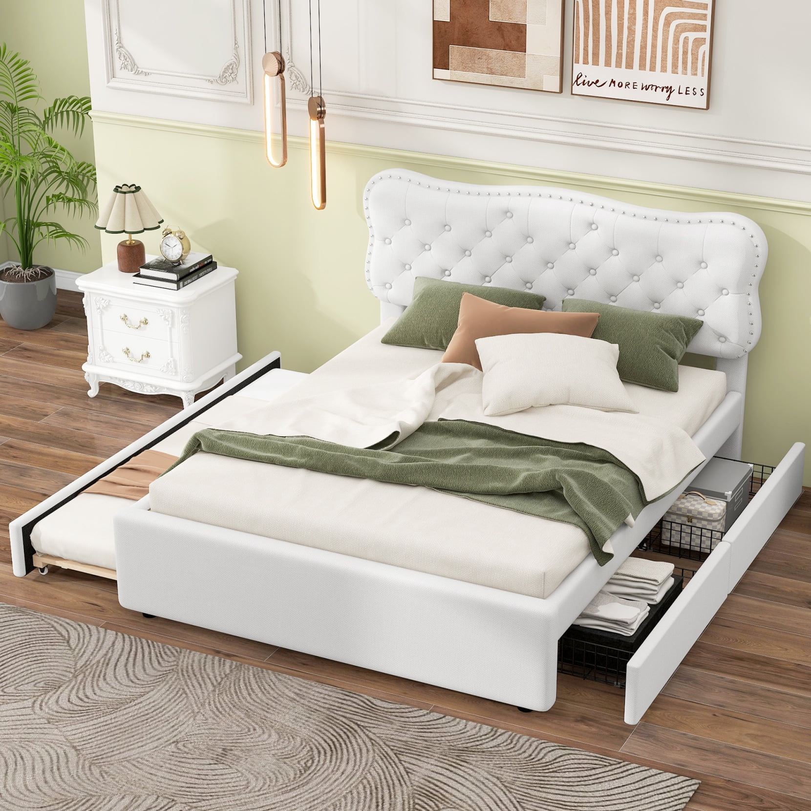 Full Size Upholstered Platform Bed with Trundle and 2 Drawers, PU ...