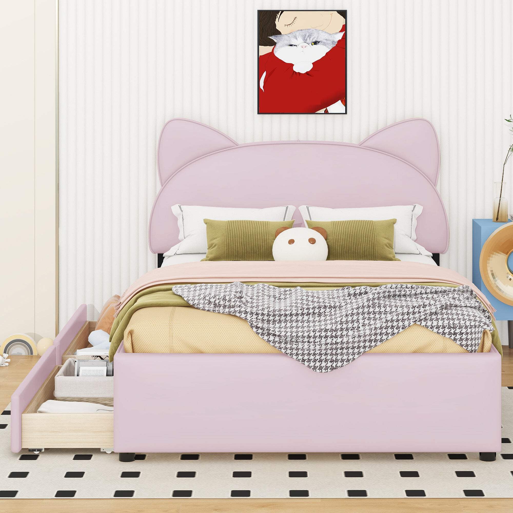 Full Size Upholstered Platform Bed With Cartoon Ears Shaped Headboard ...
