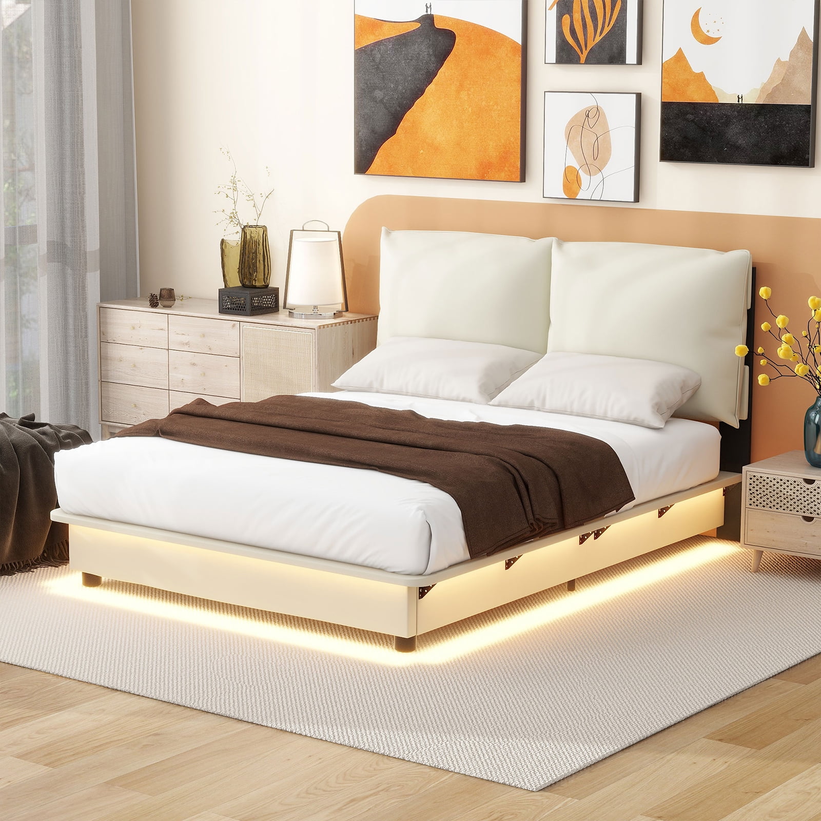Full Size Upholstered Platform Bed With Light, Upholstered Headboard ...