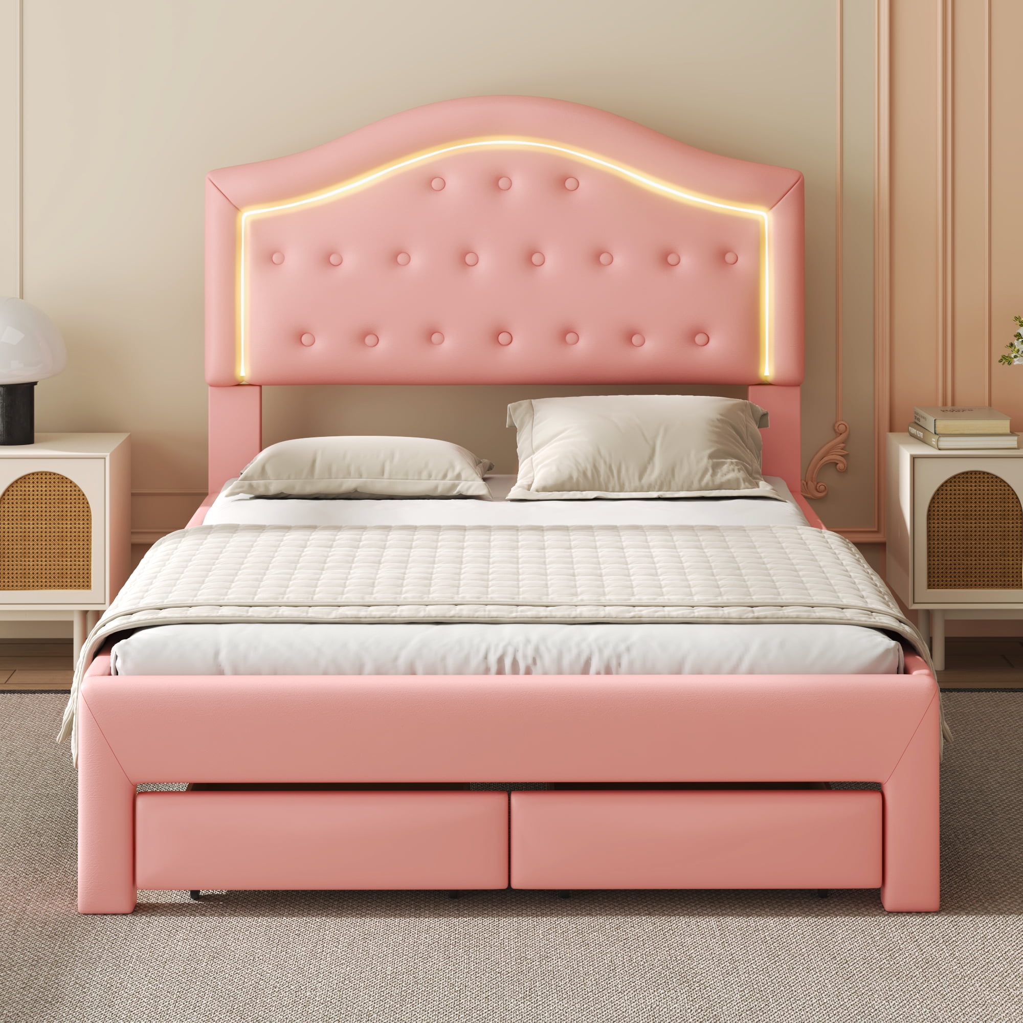 Full Size Upholstered Platform Bed With Tufted Headboard, Led And 2 ...