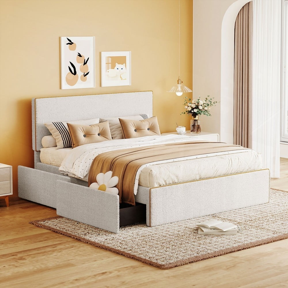 Full Size Upholstered Platform Bed in White Having 4 Drawers & Golden ...