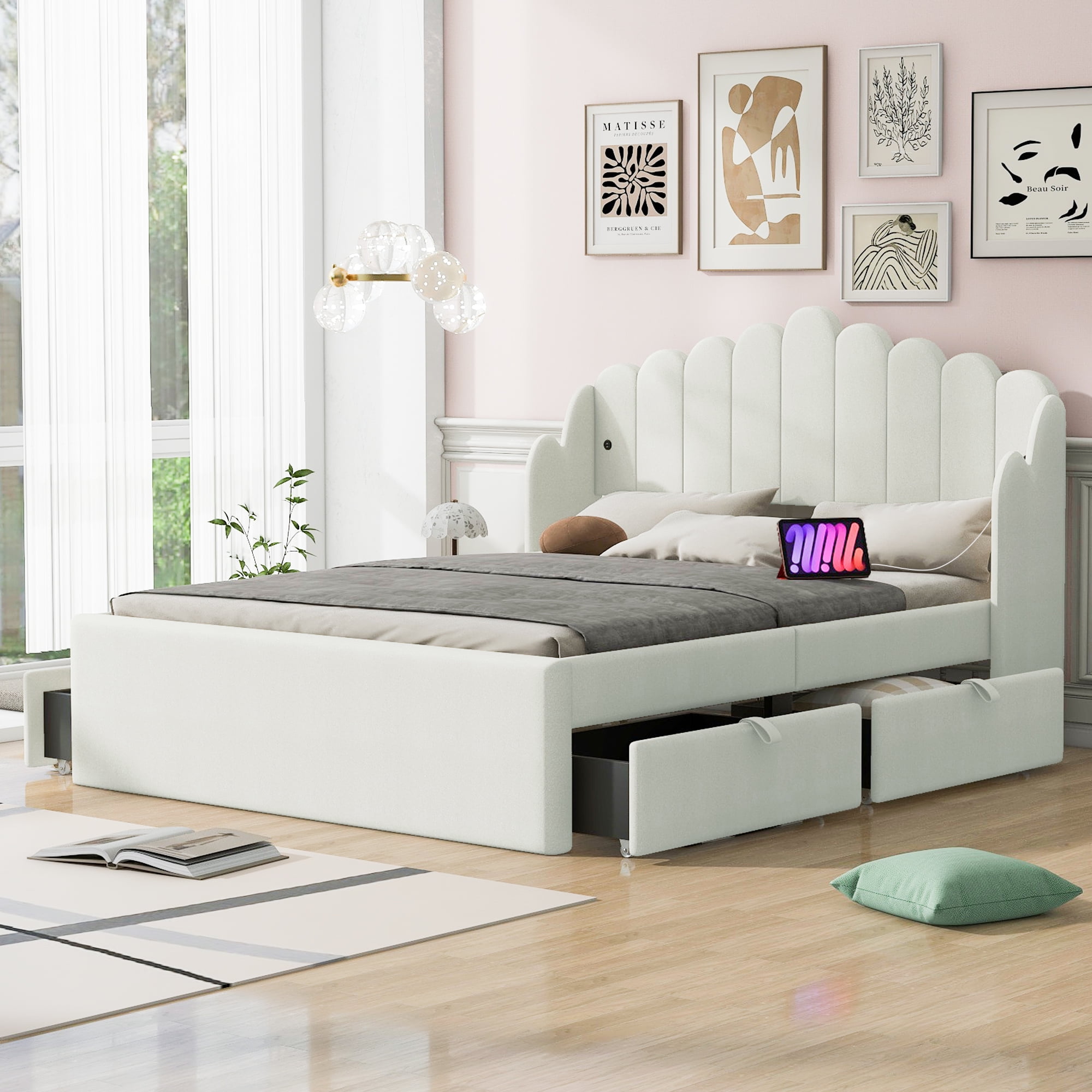 Full Size Upholstered Platform Bed with 4 Drawers and 2 Usb,Beige,Beige ...