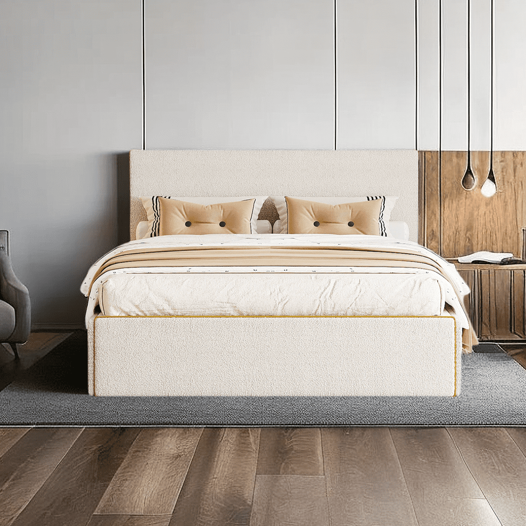 Full Size Upholstered Platform Bed with 4 Drawers and White Edge on The ...