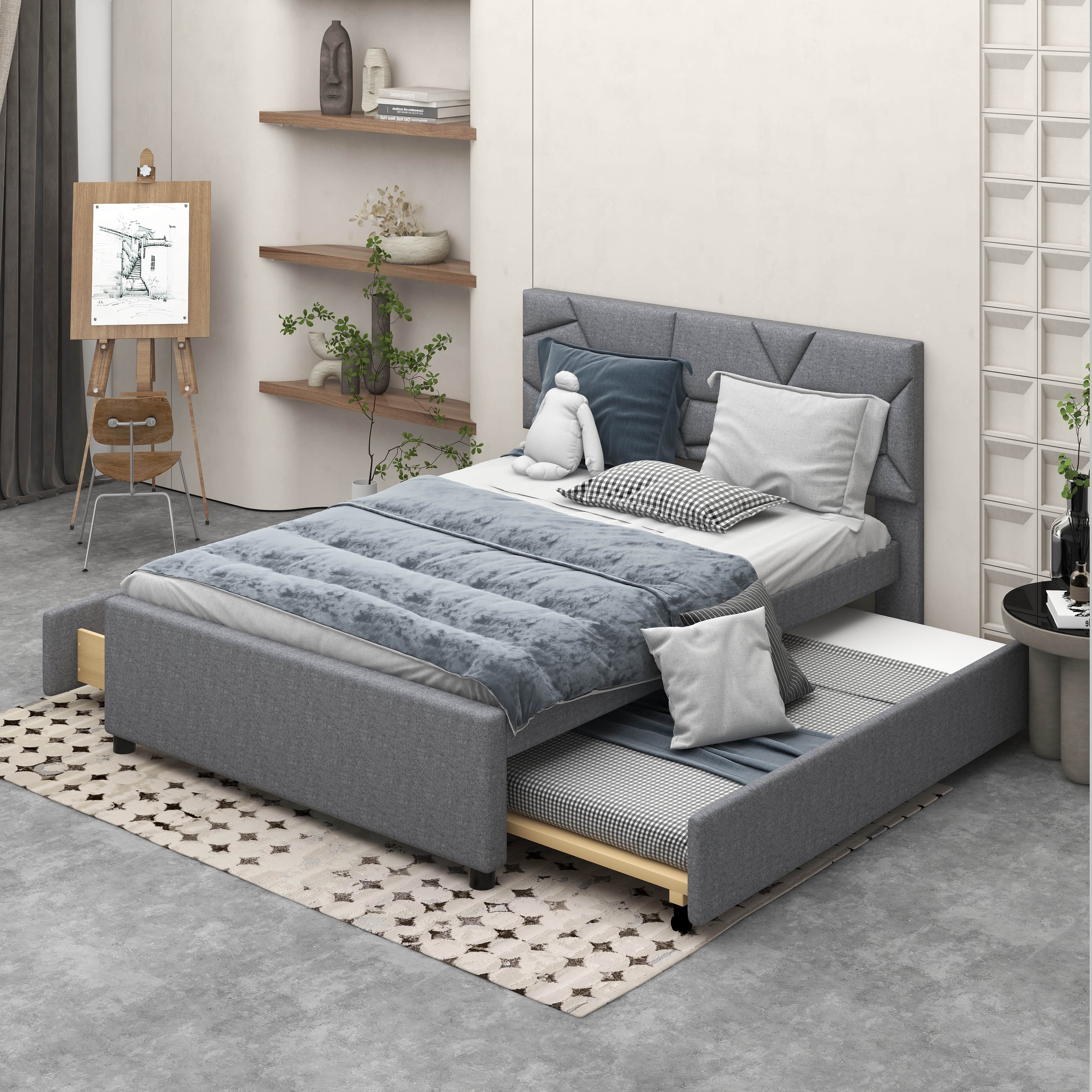 Full Size Upholstered Platform Bed with Brick Pattern Headboard, with ...