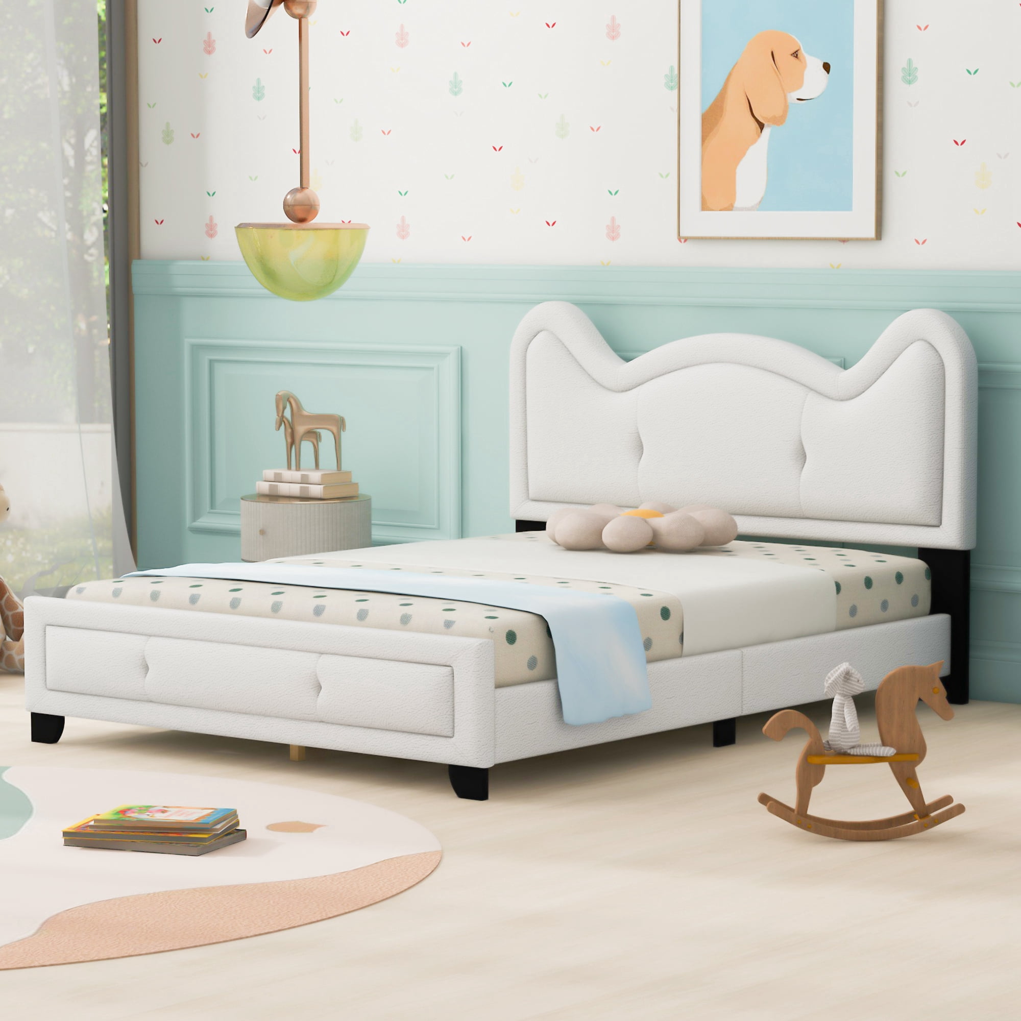 Full Size Upholstered Platform Bed with Carton Ears Shaped Headboard ...