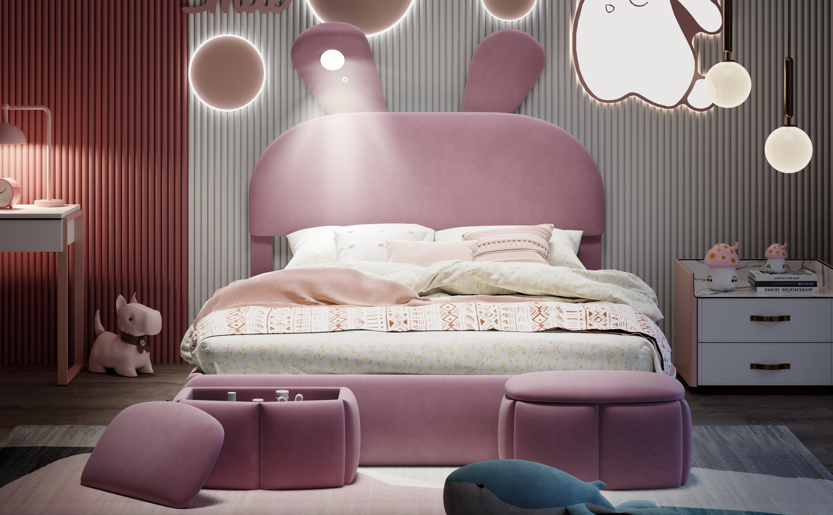 Full Size Upholstered Platform Bed with Cartoon Ears Shaped Headboard ...