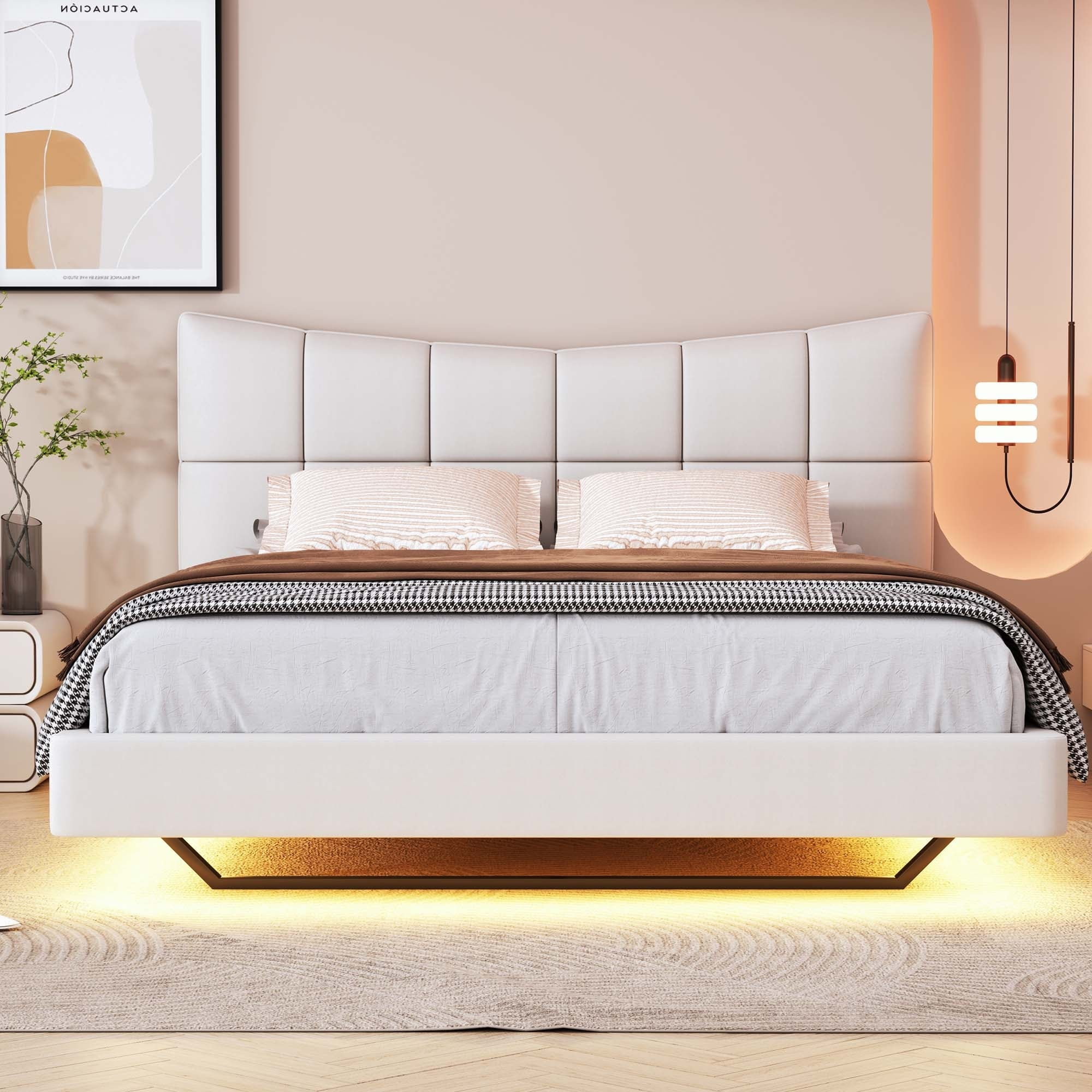 Full Size Upholstered Platform Bed with LED Lights Beige - Walmart.com