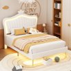 Homfa LED Bed Frame, Queen Size Velvet Upholstered Platform Bed with ...
