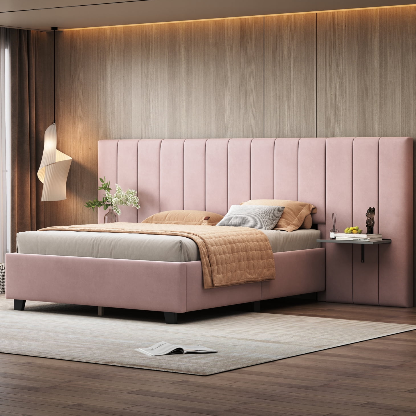Full Size Upholstered Platform Bed with Storage Shelves, Big Headboard ...