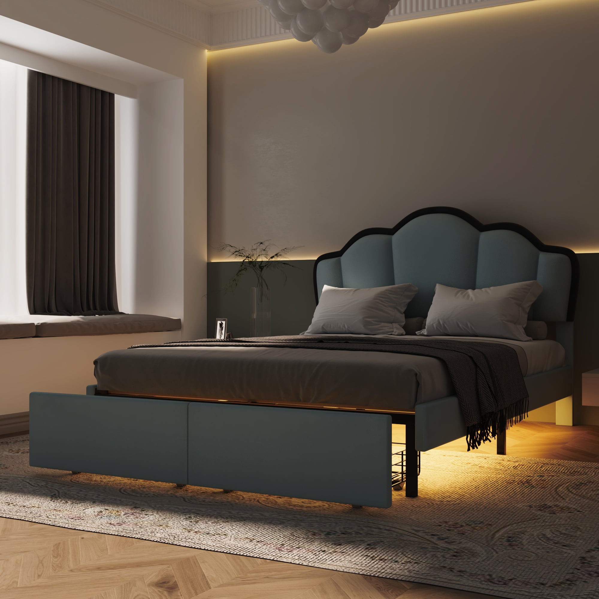 Full Size Upholstered Princess Platform Bed with Led and 2 Storage ...