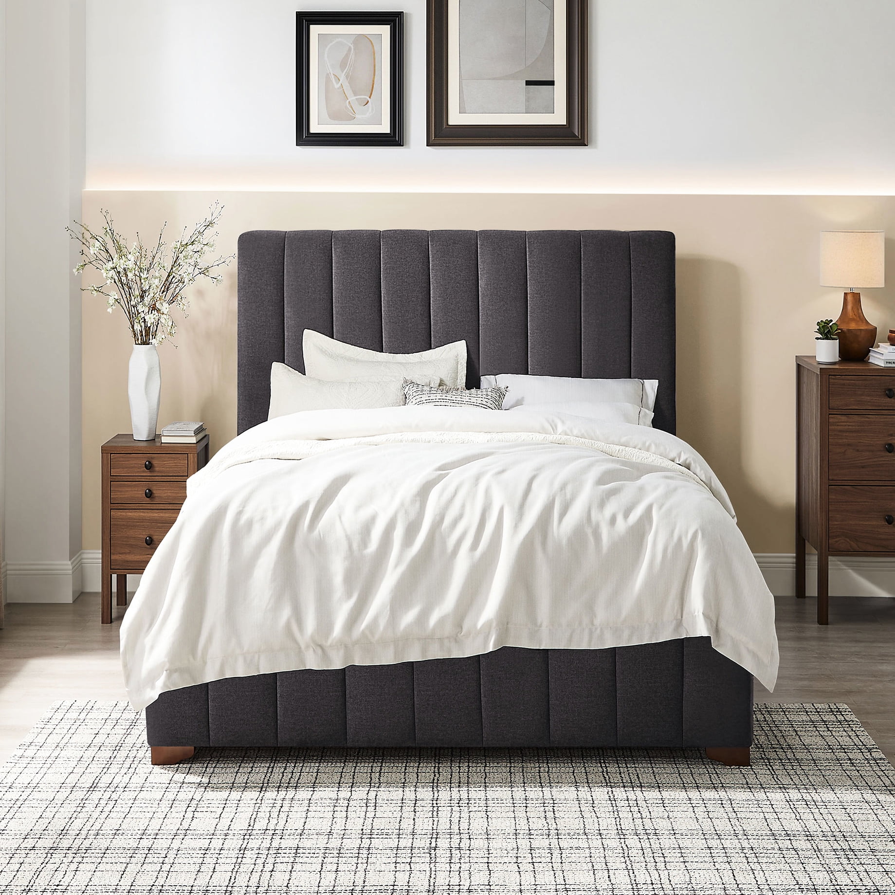 Full Size Upholstered Queen Bed With Dark Grey Fabric Headboard And ...