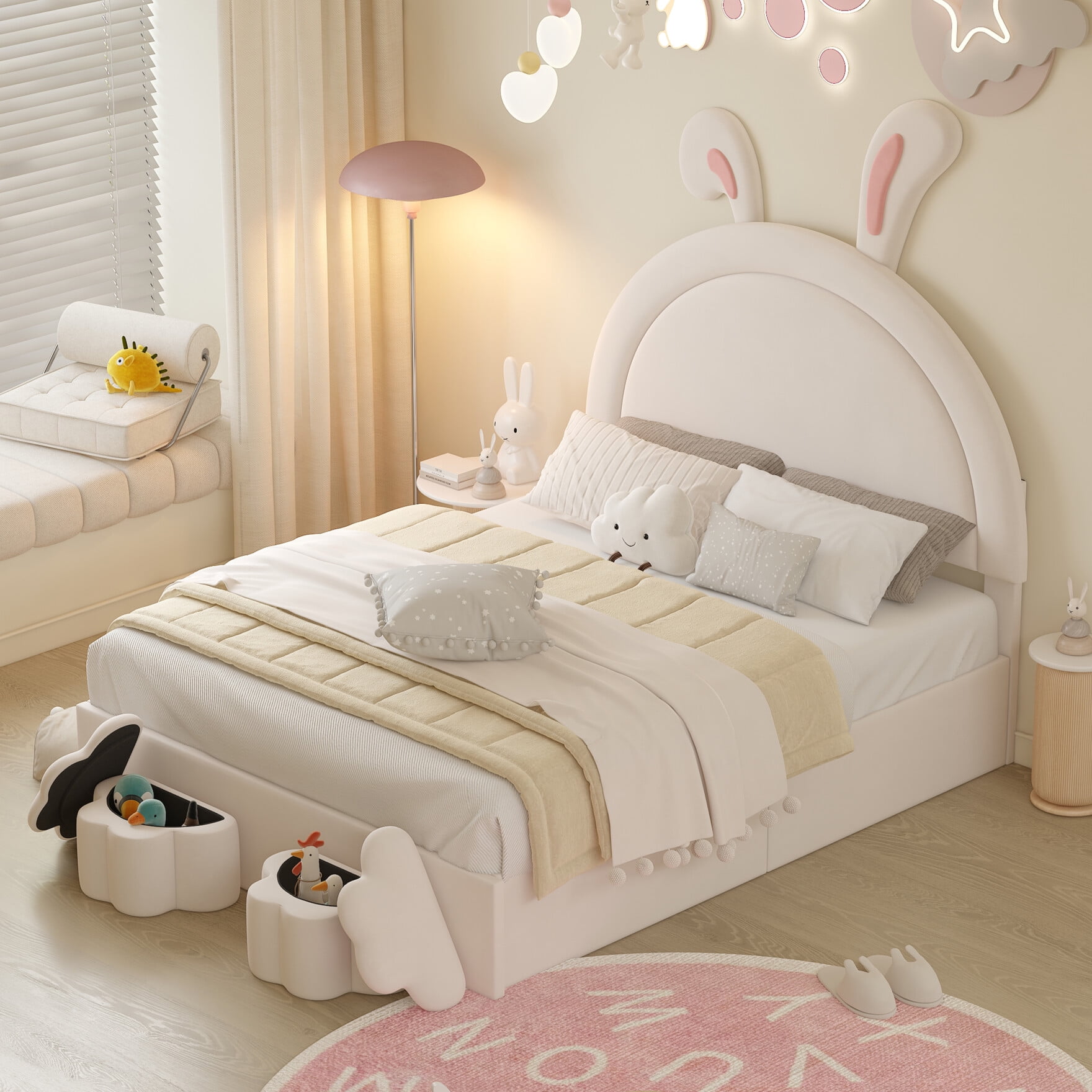 Full Size Upholstered Rabbit Bed with 2 Storage Benches, Velvet ...