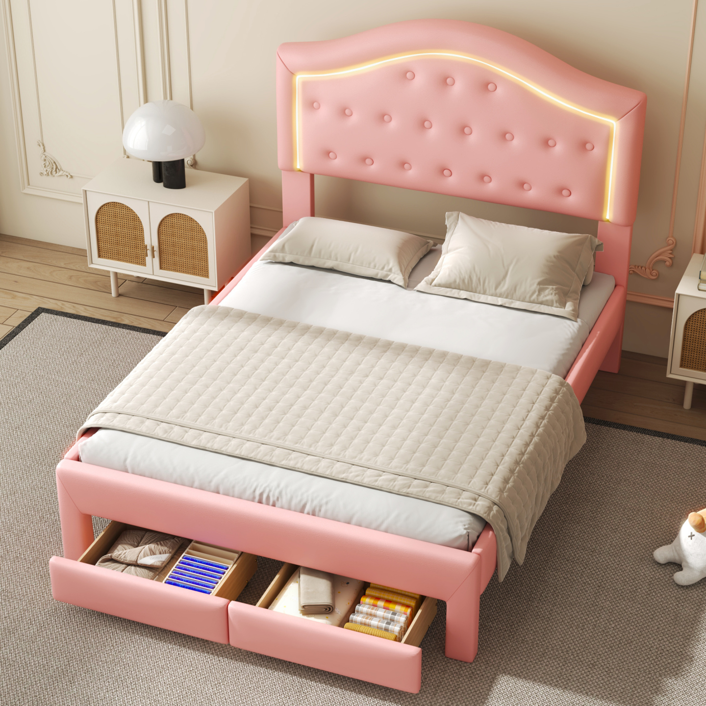 Full Size Upholstered Smart LED Bed Frame with Storage Drawers & Tufted ...