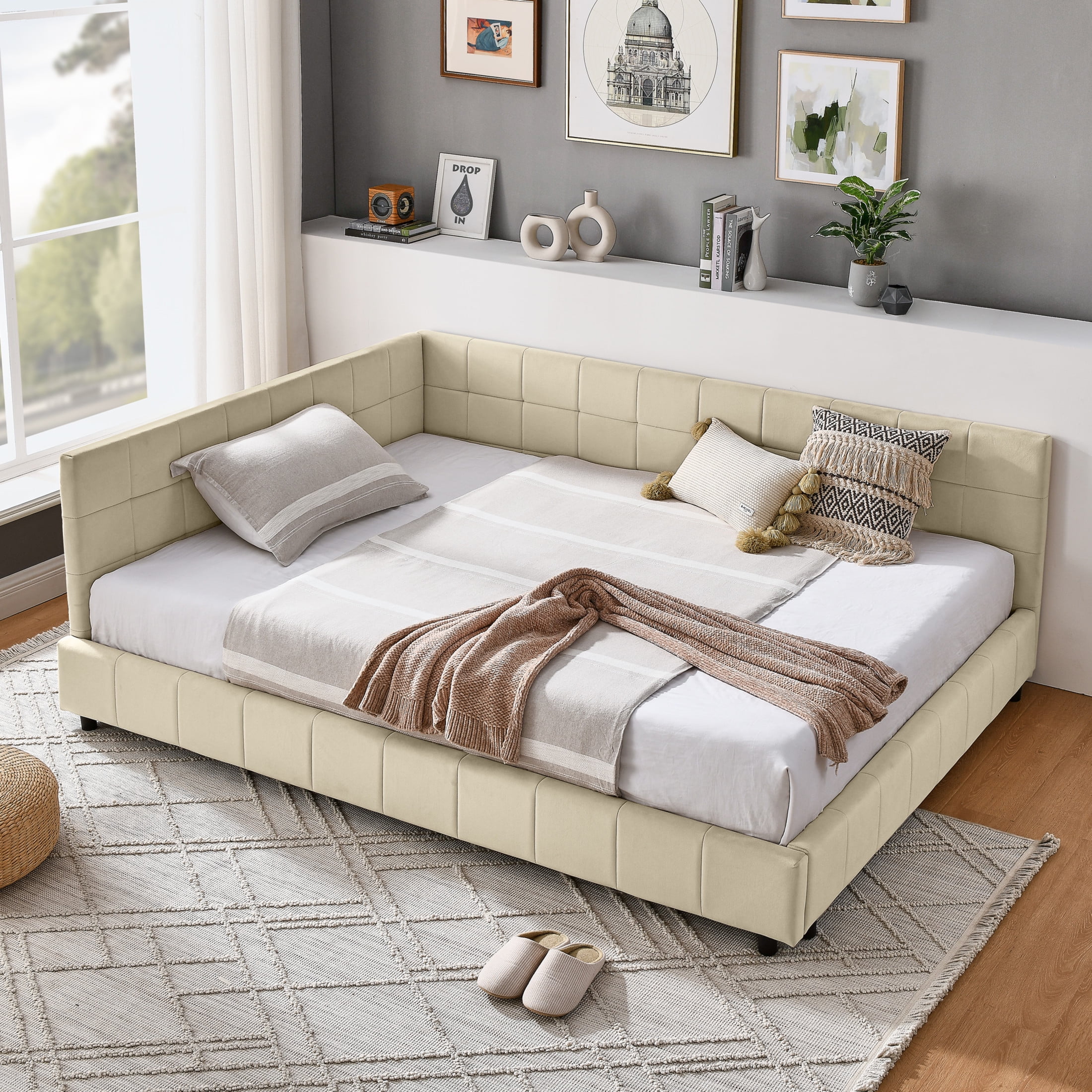 Full Size Upholstered Tufted Bed Frame with Backrest & Armrests, Velvet ...