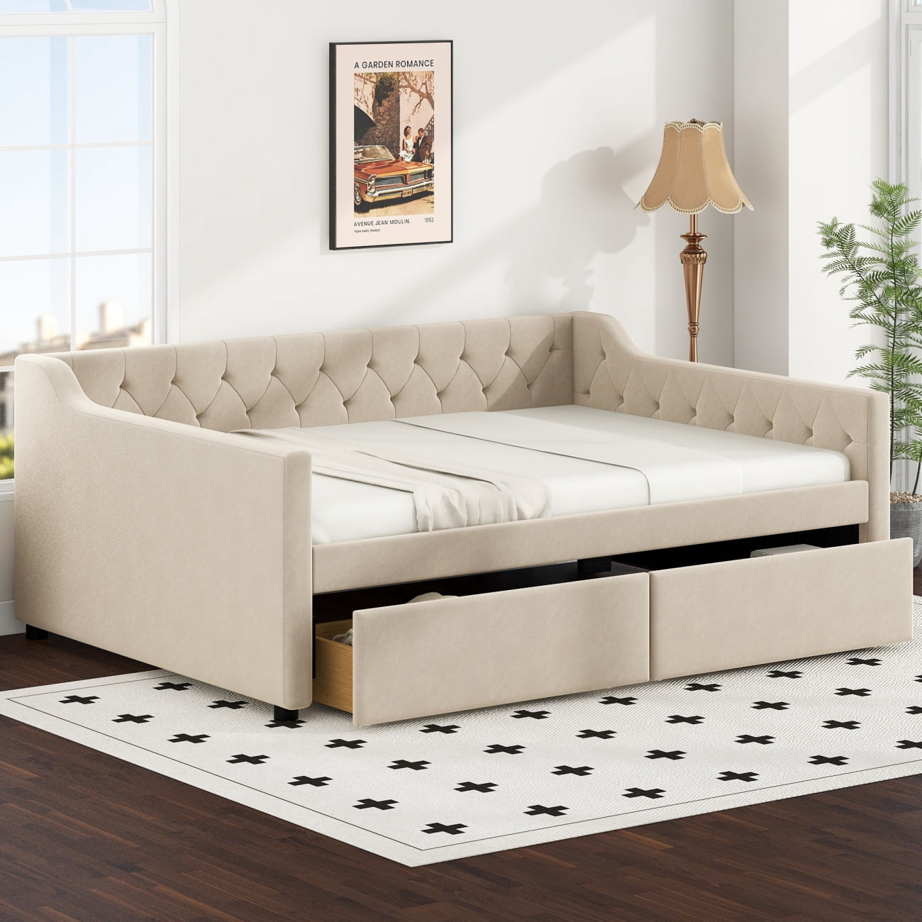 Full Size Upholstered Tufted Daybed with 2 Drawers &Button, Wood ...
