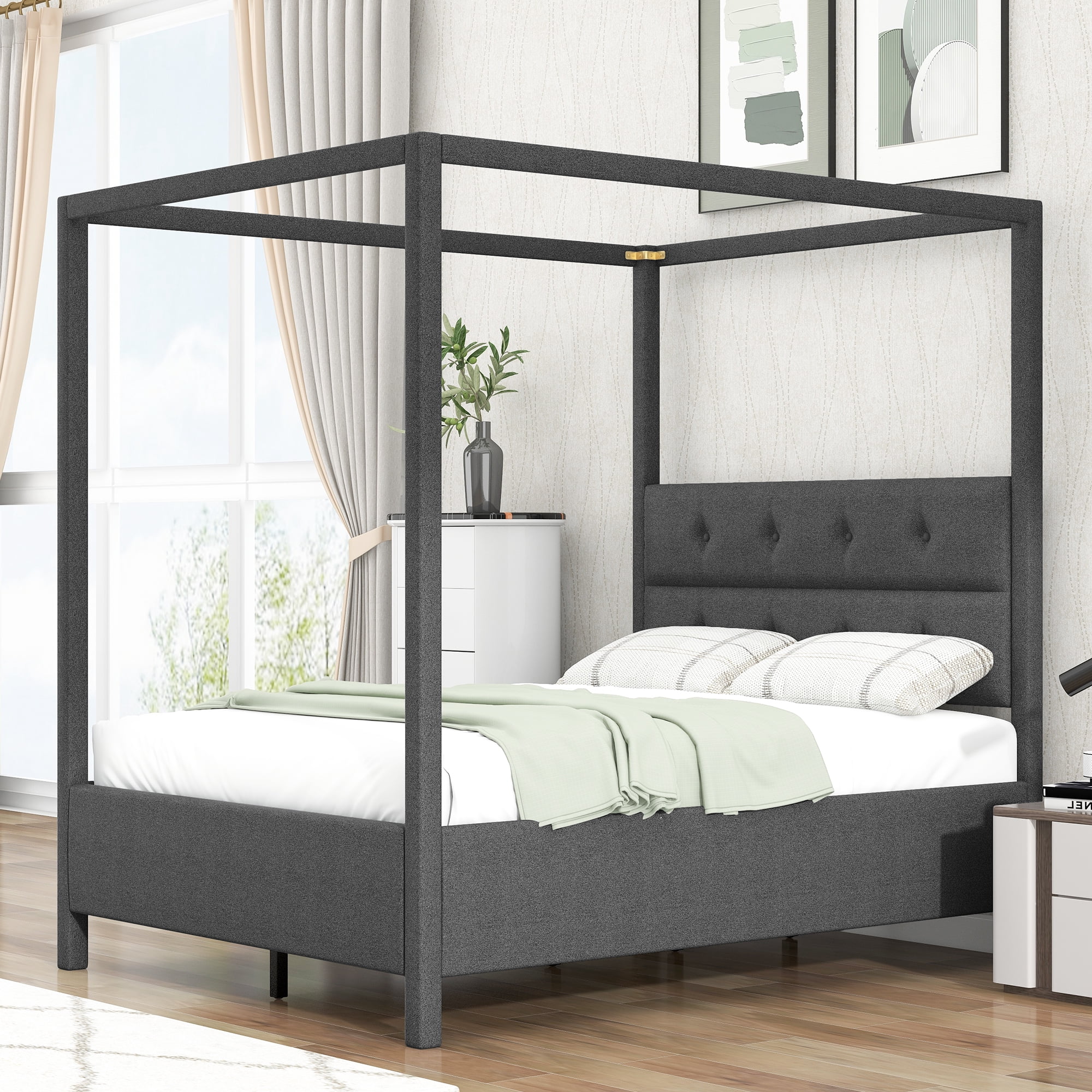Full Size Upholstery Canopy Platform Bed with Four Support Legs, Gray ...