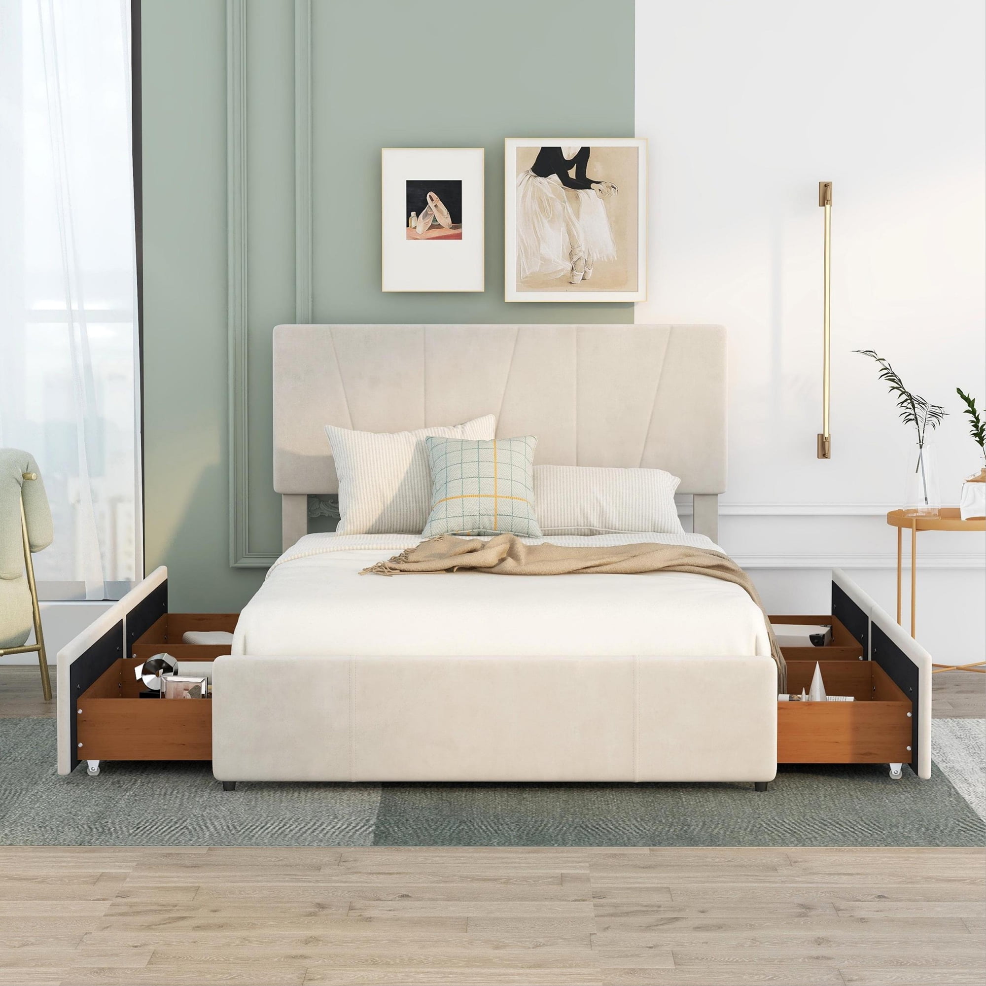 Full Size Upholstery Platform Bed with Four Drawers on Two Sides ...