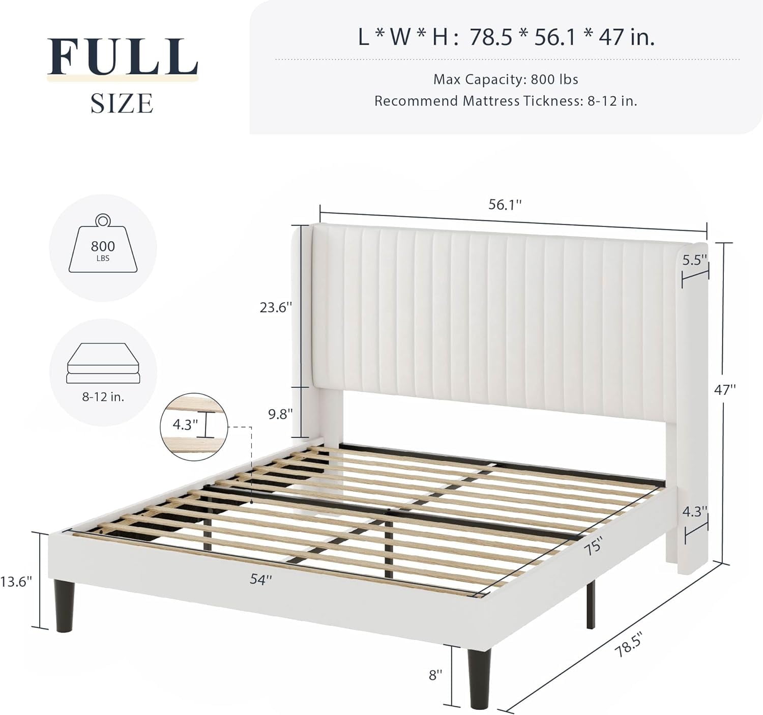 Full Size Velvet Bed Frame/Vertical Channel Tufted Wingback Headboard ...