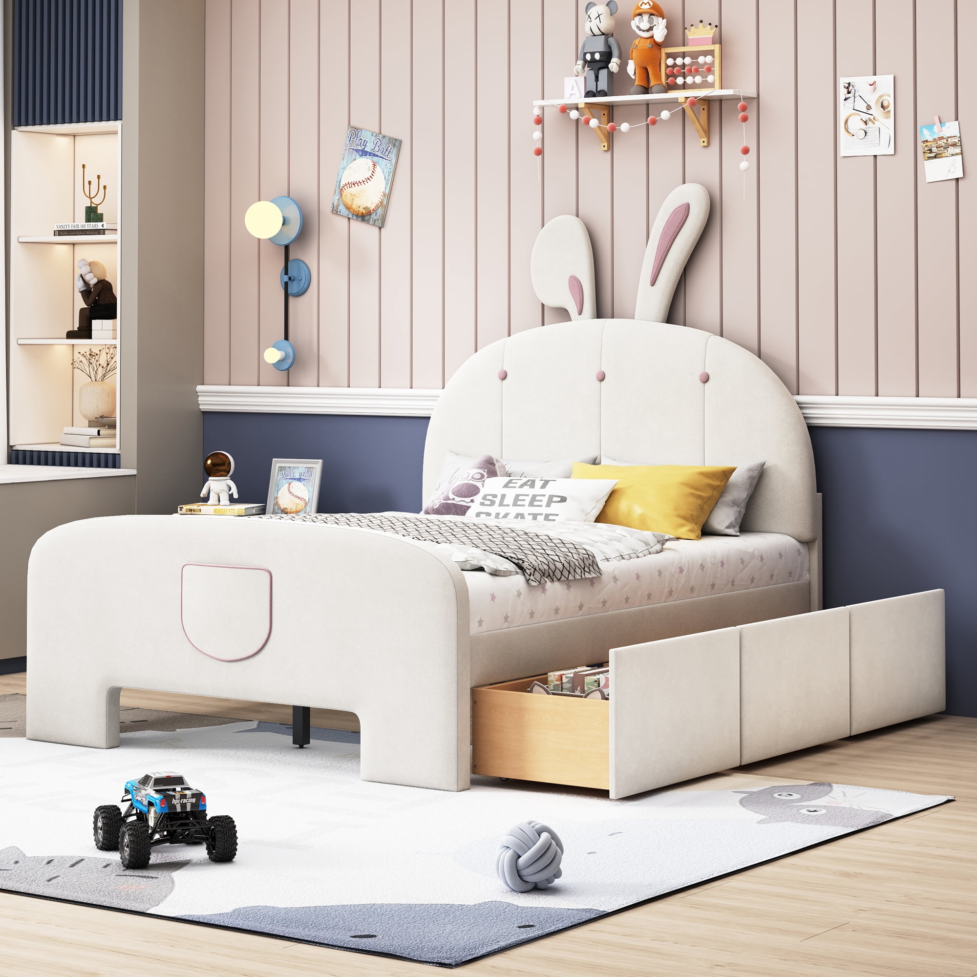 Full Size Velvet Platform Bed with Rabbit-Shaped Headboard, with ...