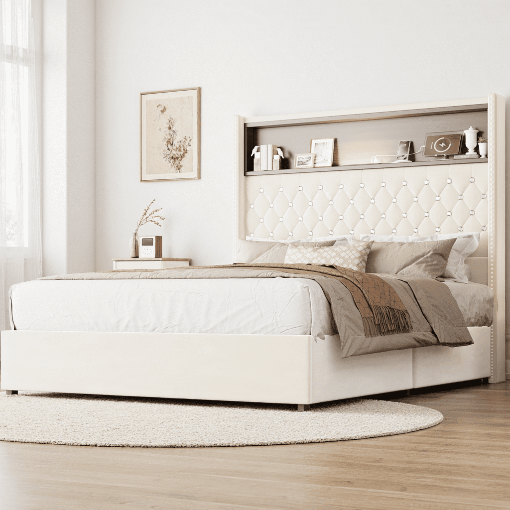Full Size Velvet Tufted Platform Bed Frame with USB Port & Night Light ...