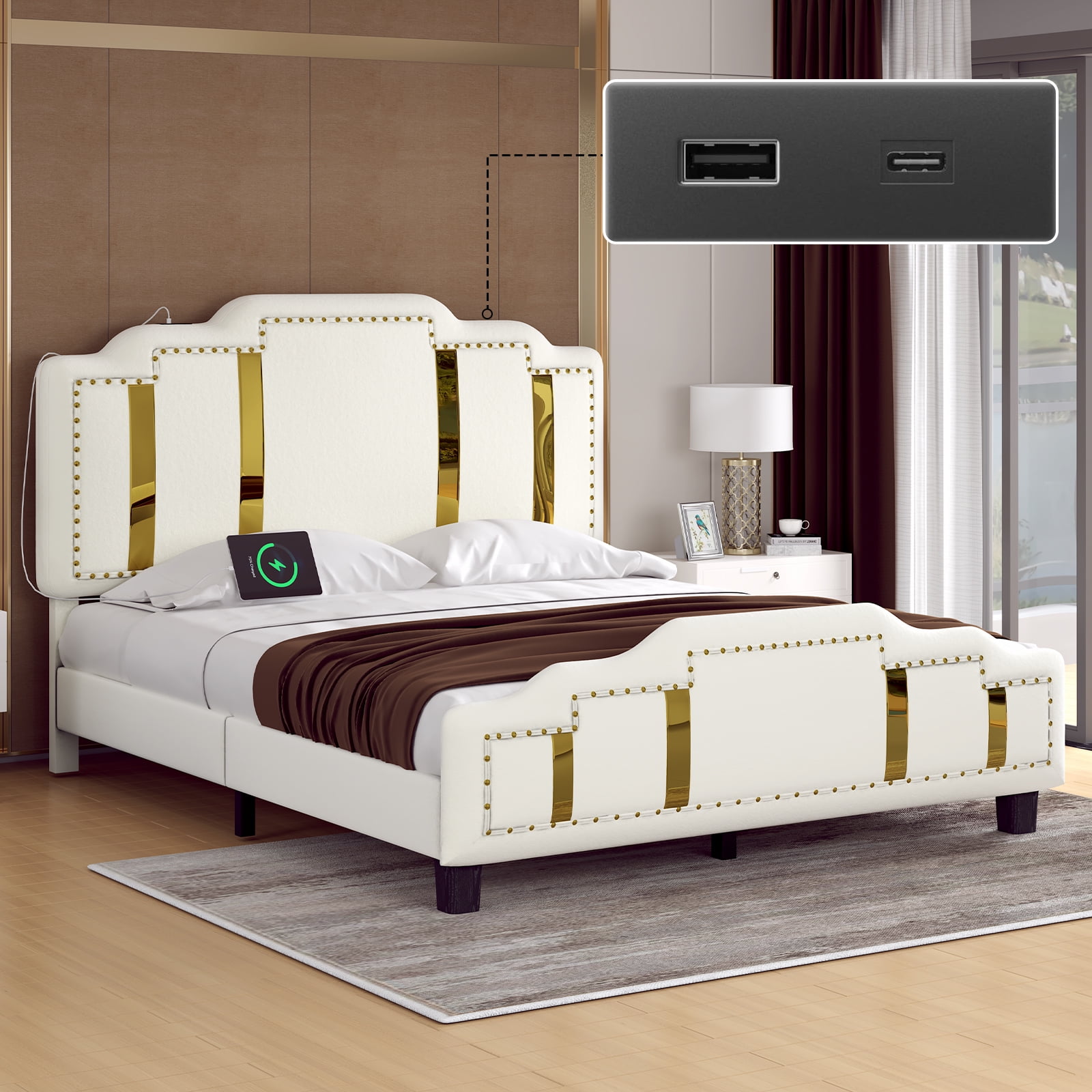 Full Size Velvet Upholstered Bed frame, Golden Metal Riveted and ...