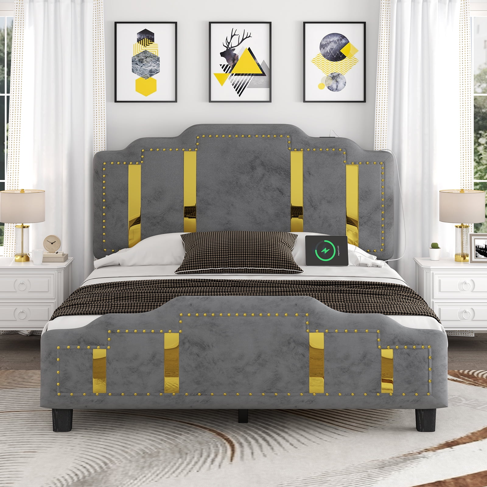 Full Size Velvet Upholstered Bed frame, Golden Metal Riveted and ...
