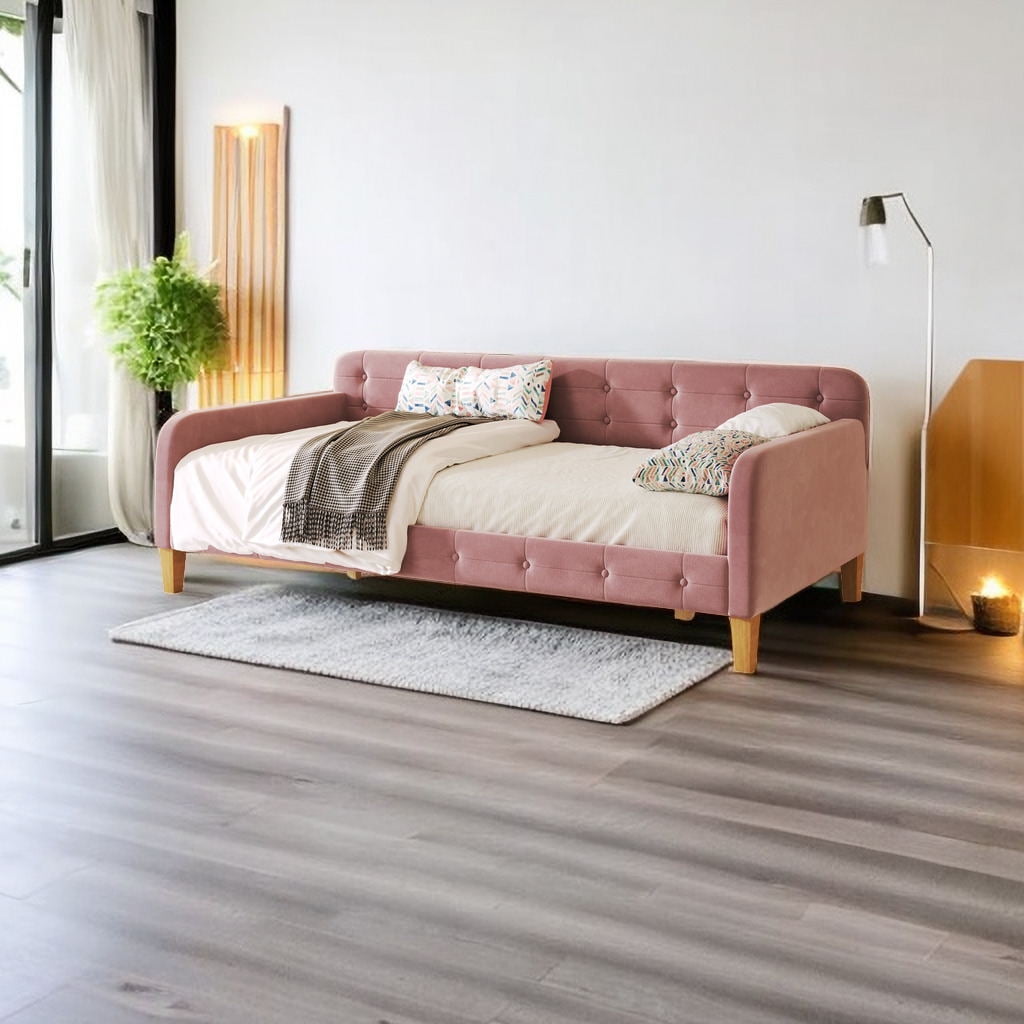 Full Size Velvet Upholstered Dayed with Button Tufted Design and 4 Wood ...