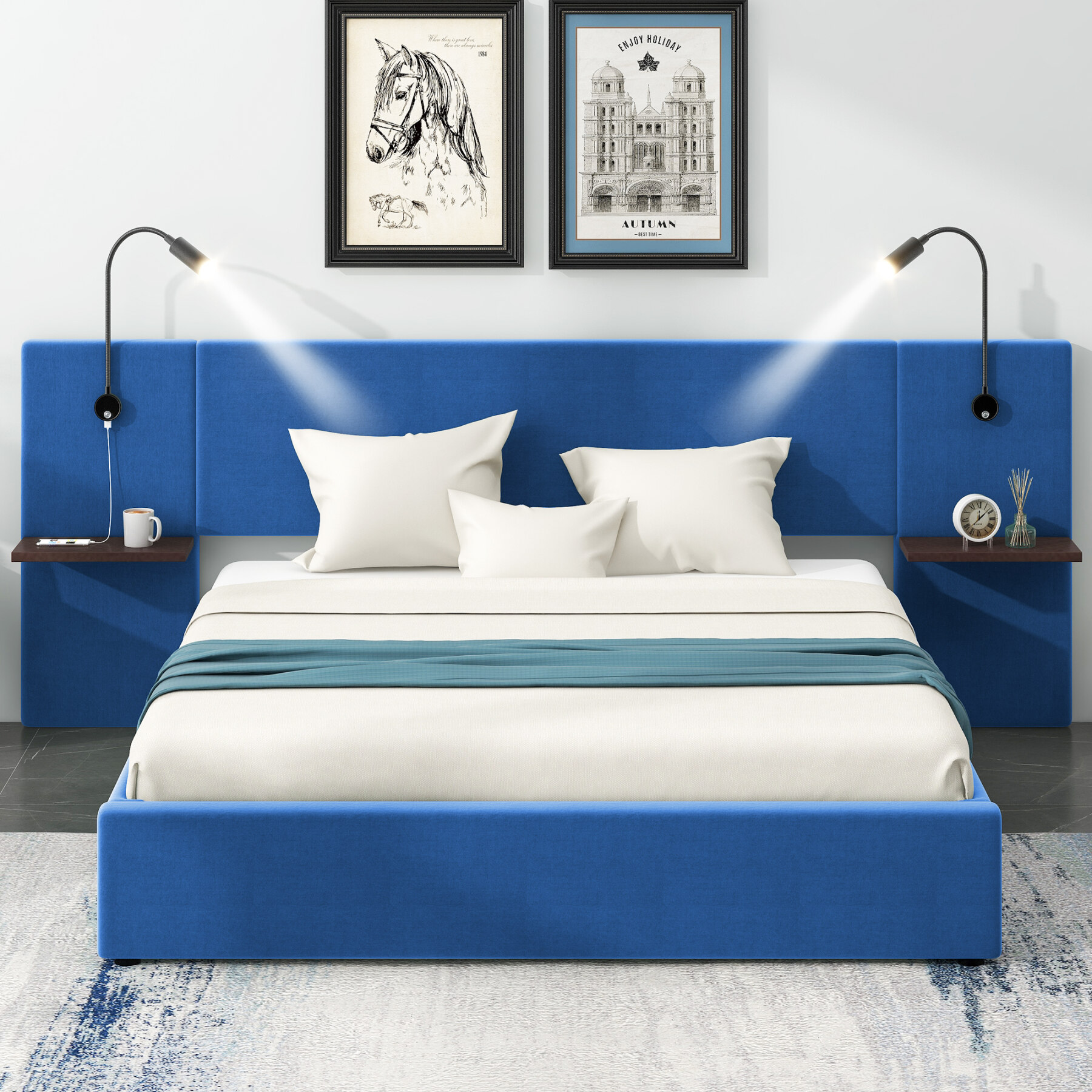 Full Size Velvet Upholstered Hydraulic Platform Bed with 2 Shelves and ...