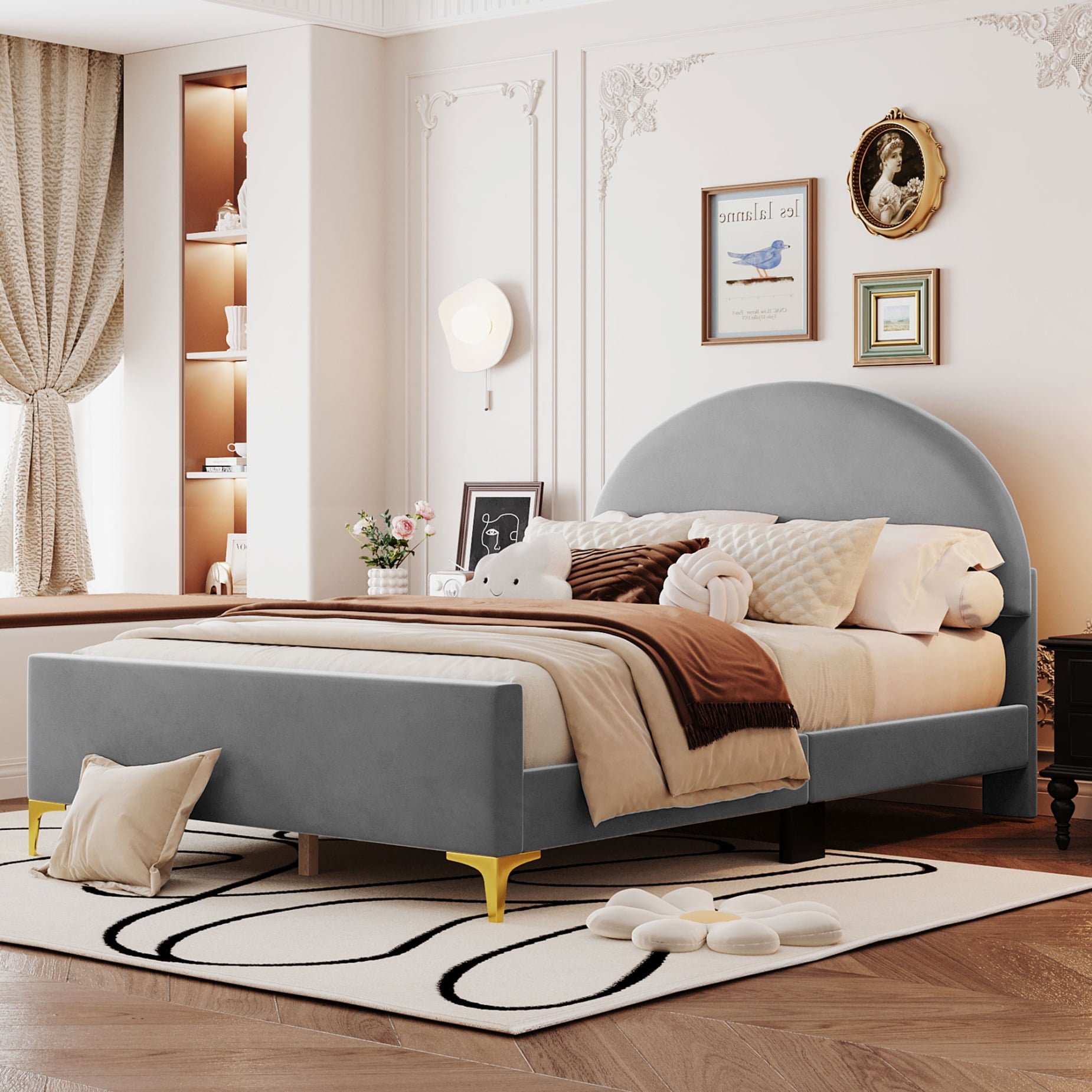 Full Size Velvet Upholstered Platform Bed with Classic Semi-circle ...