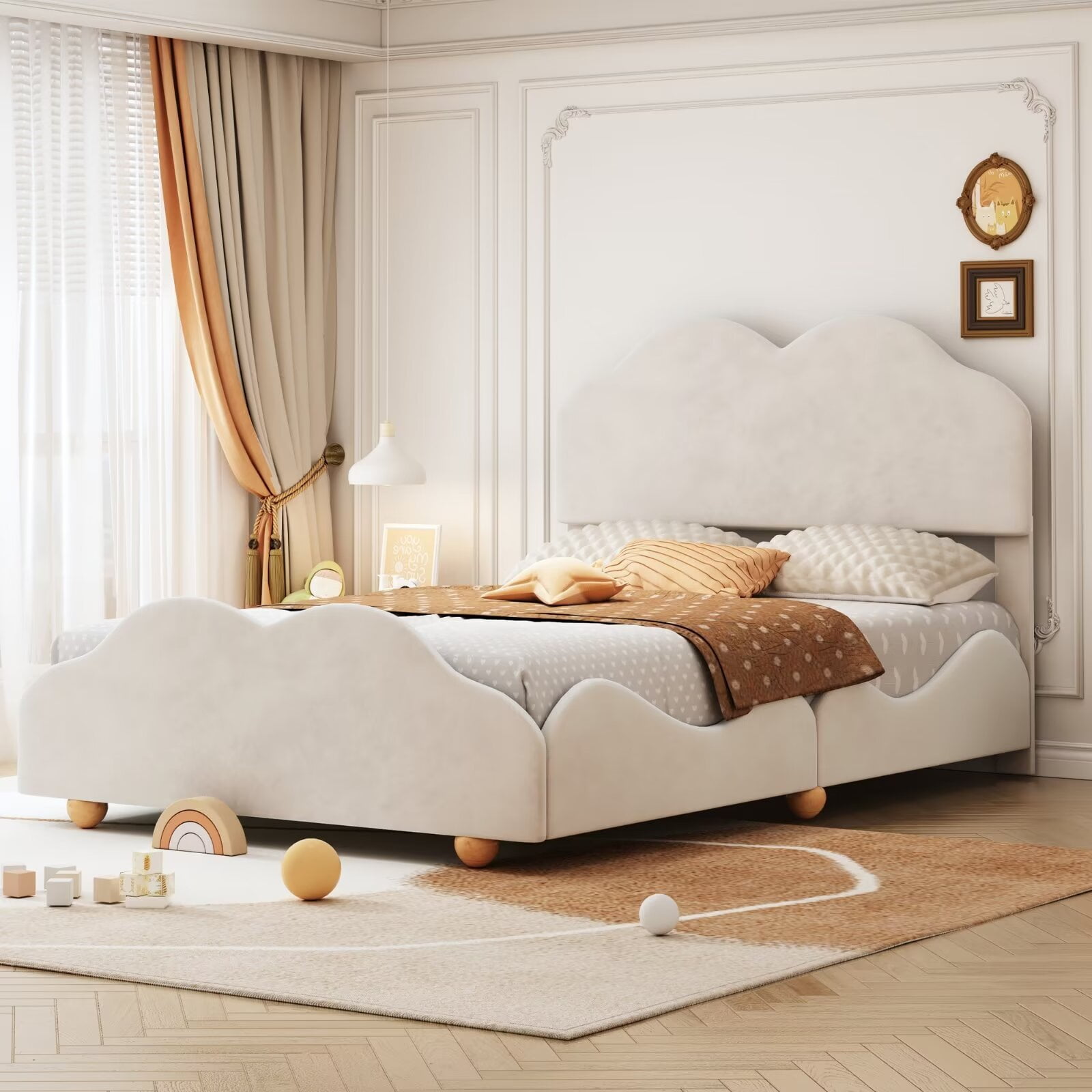 Full Size Velvet Upholstered Platform Bed with Cloud Shaped Bed Board ...