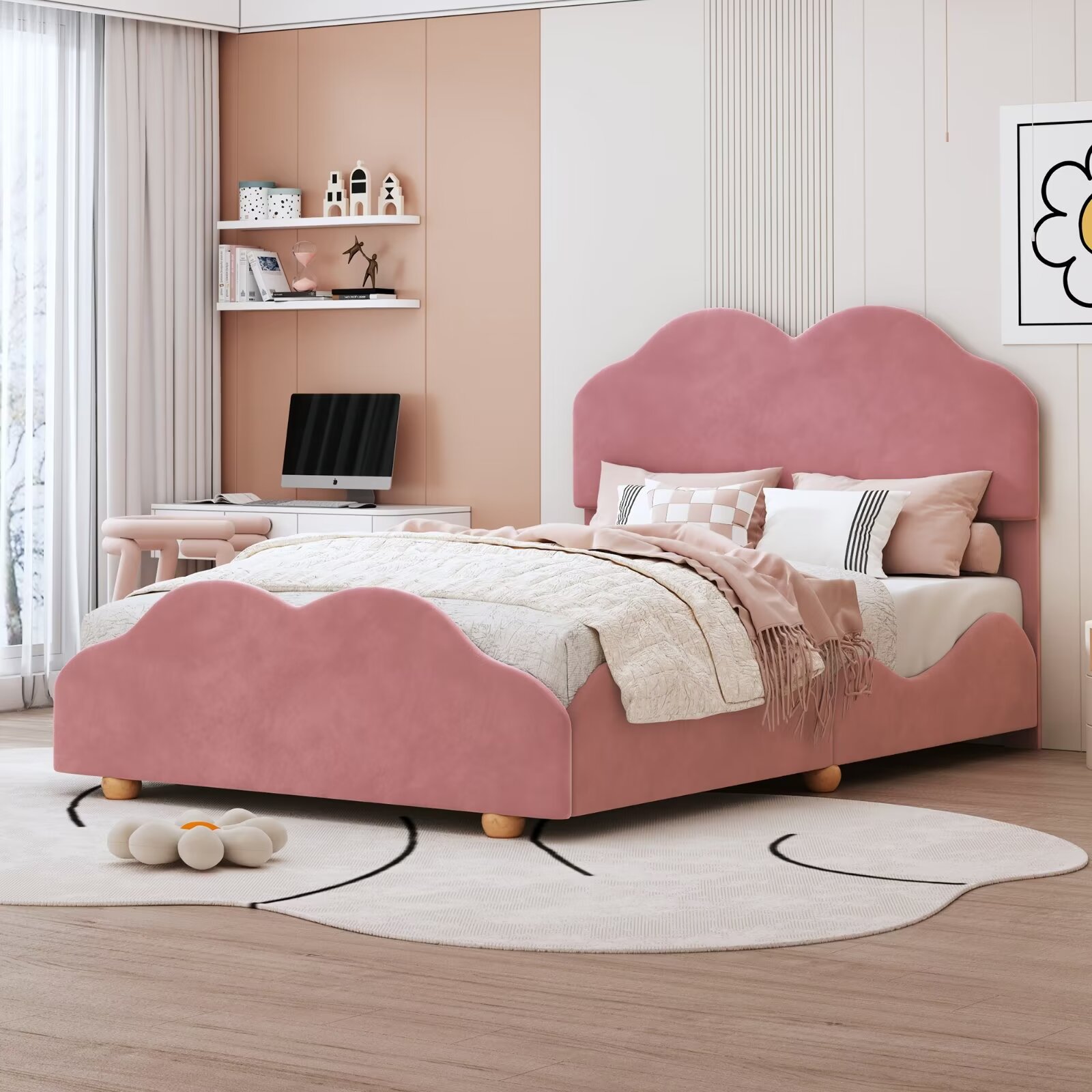 Full Size Velvet Upholstered Platform Bed with Cloud Shaped Bed Board ...