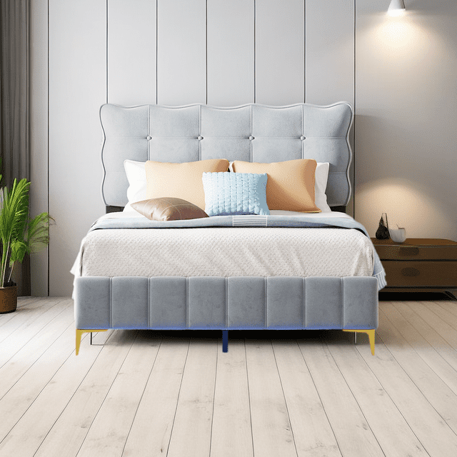 Full Size Velvet Upholstered Platform Bed with LED Frame and Stylish ...
