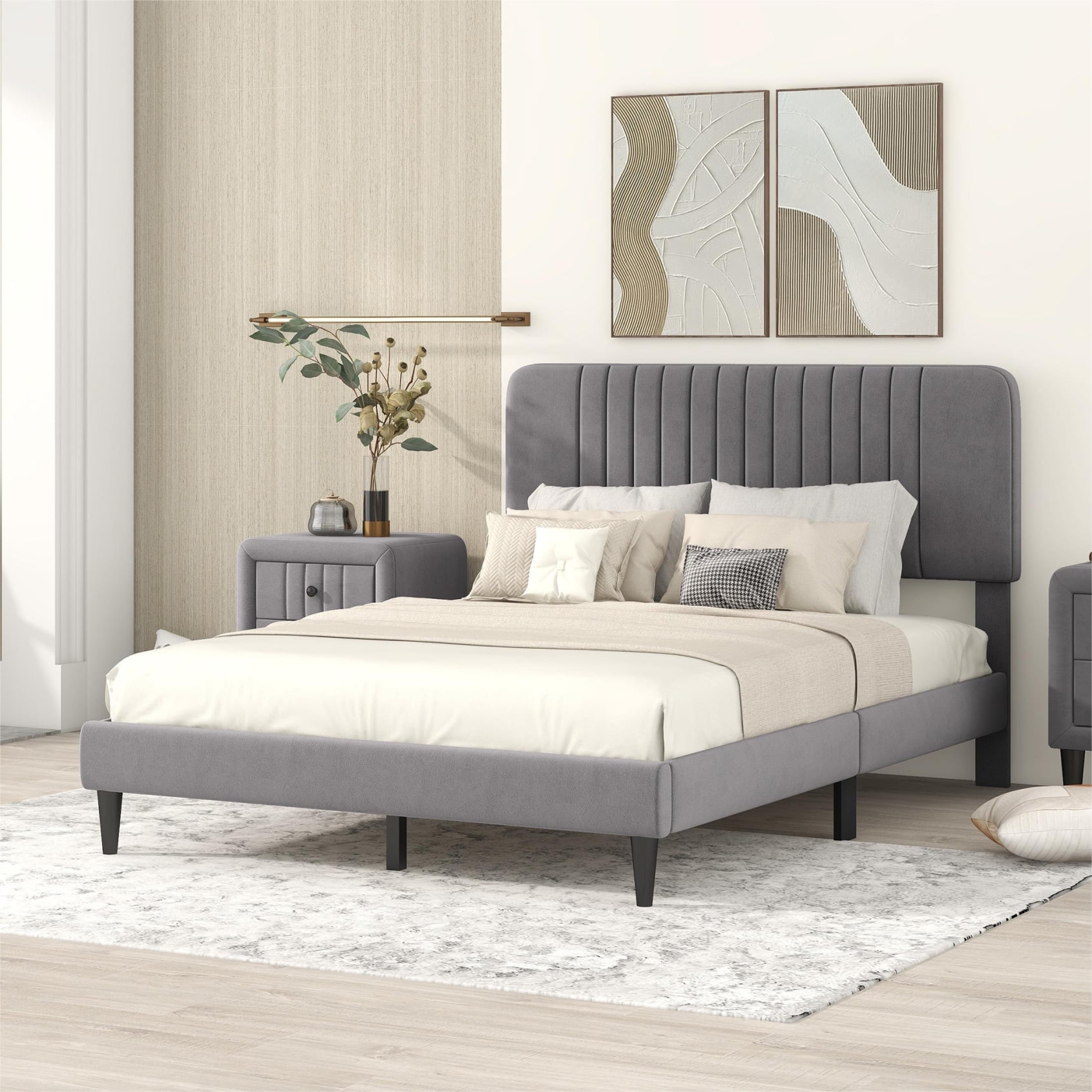 Full Size Velvet Upholstered Platform Bed, Modern Wood Bed Frame with ...