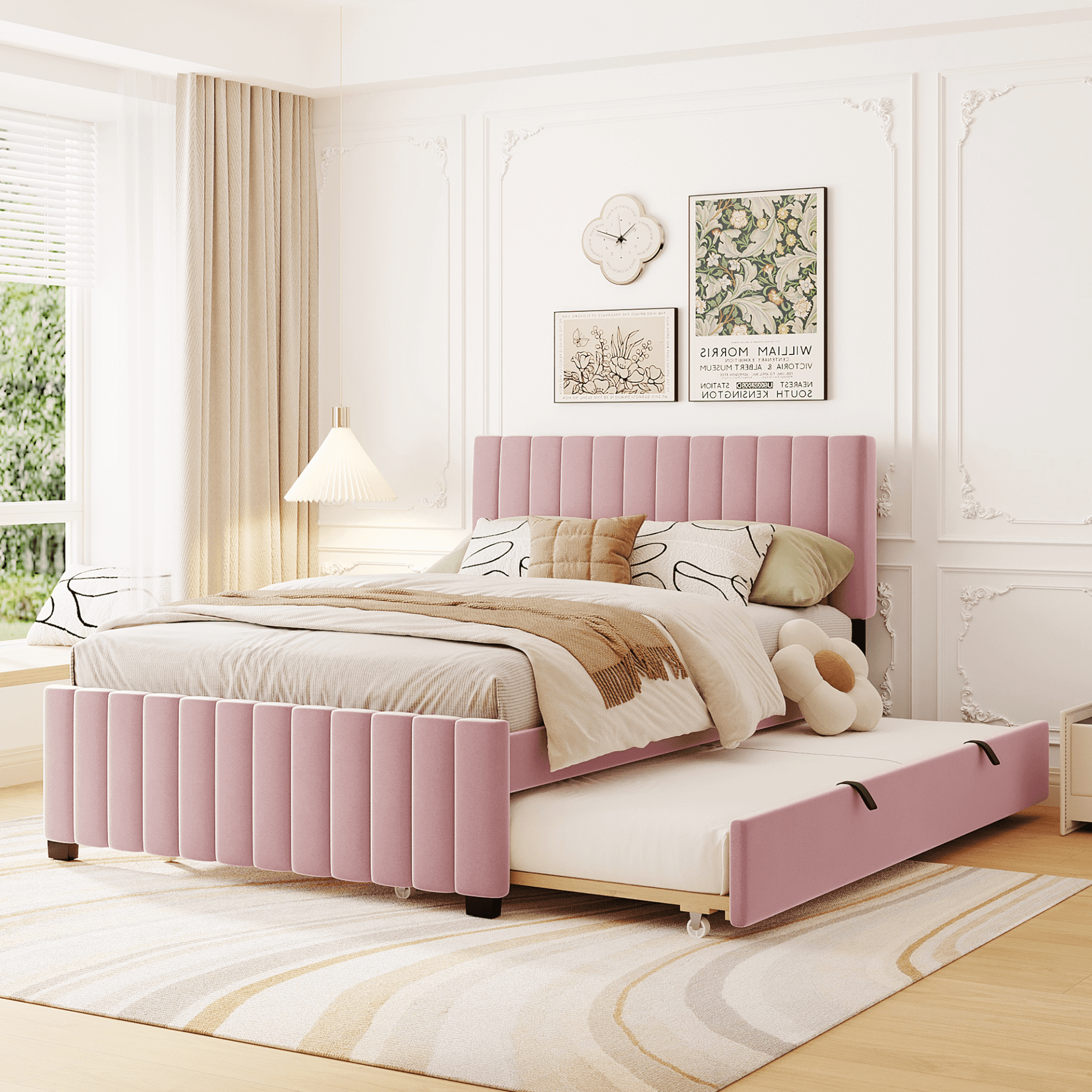 Full Size Velvet Upholstered Platform Bed with Trundle, Wood Bed Frame ...