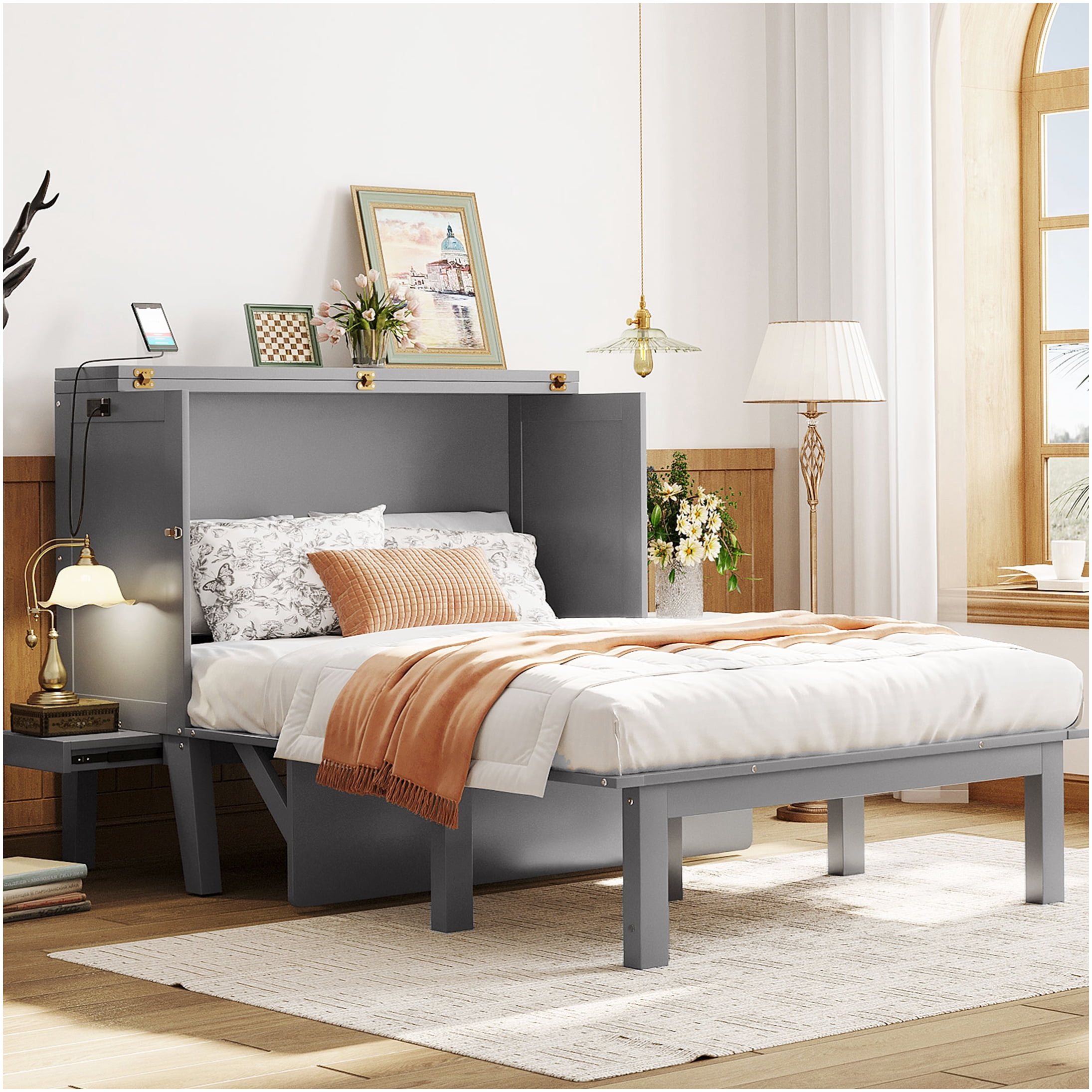 Full Size Wall Bed Cabinet with USB Charging, Space Saving Murphy Bed ...