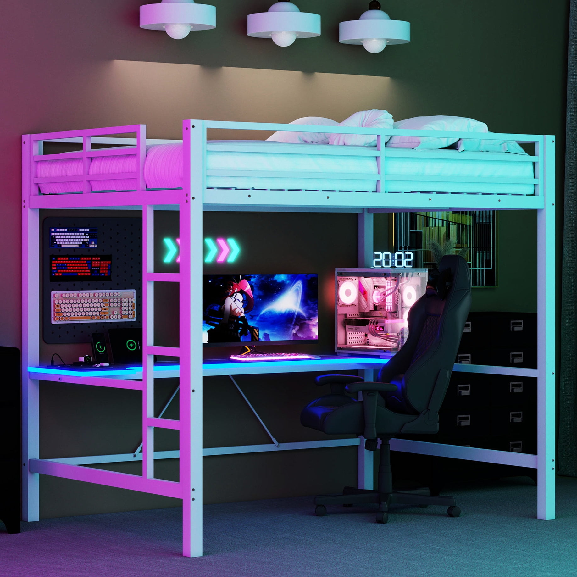 Full Size White Gaming Bed | Metal Structure with MDF Desk | Remote ...