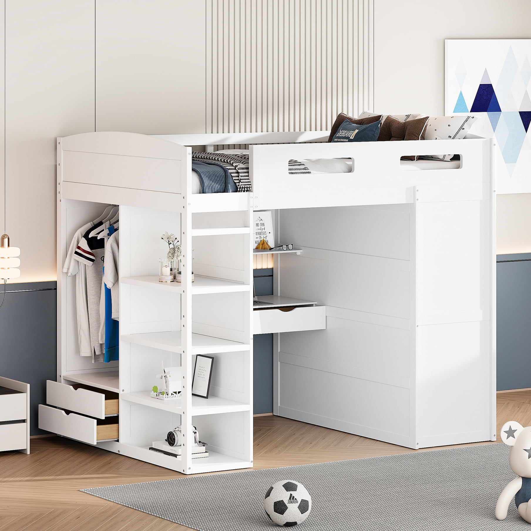 Full Size White Loft Bed With Integrated Desk And Storage. Transform ...