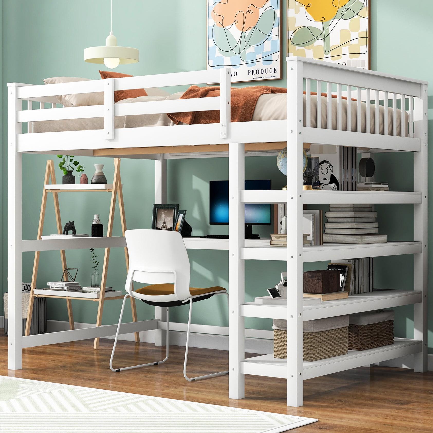 Full Size White Loft Bed with Desk and Storage | Pine Wood & MDF, Good ...